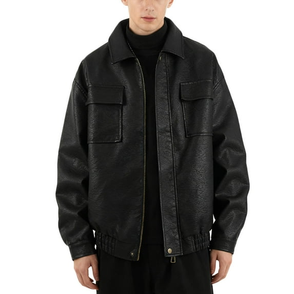 Aueoeo Men's Faux Leather Jacket Solid Color Full Zipper Pockets ...
