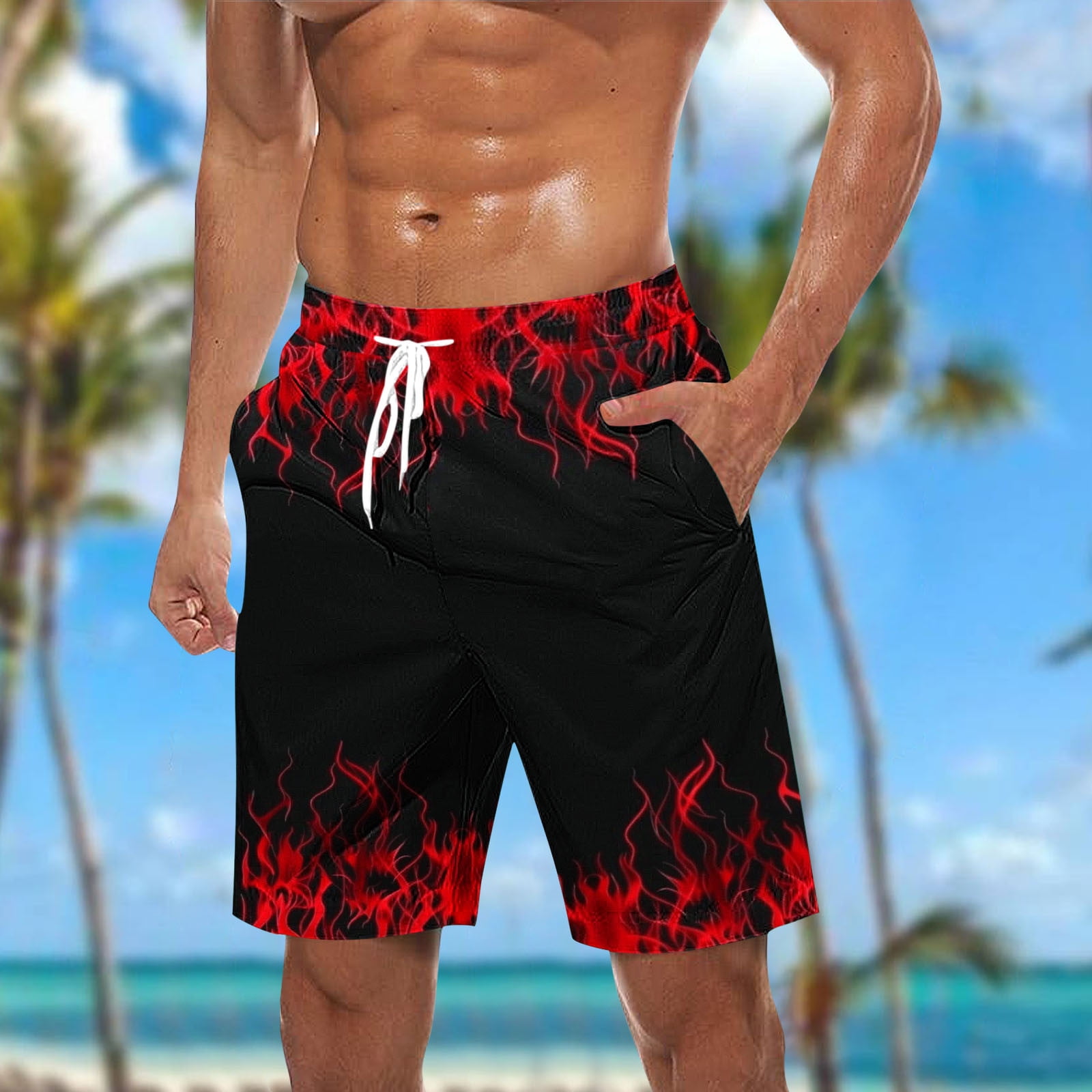 Aueoeo Men's Flame Printed Shorts Drawstring Waist Beach Hawaiian ...
