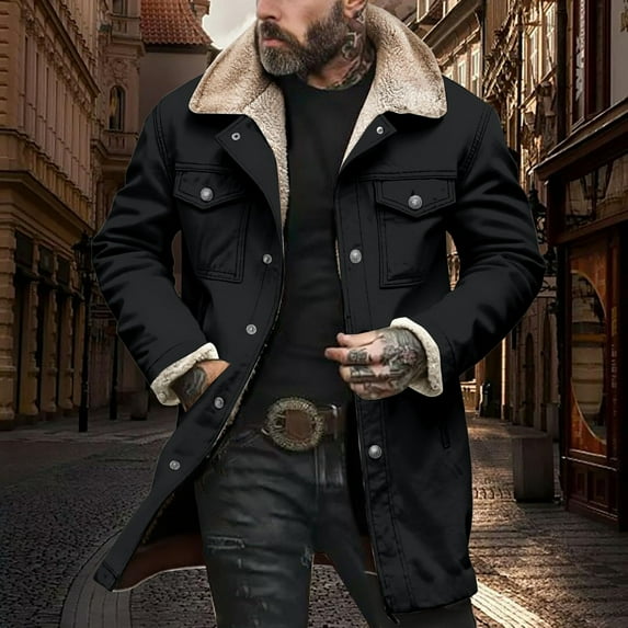 Aueoeo Men's Fleece Lined Jacket Long Sleeve Snap Button Casual Fall ...