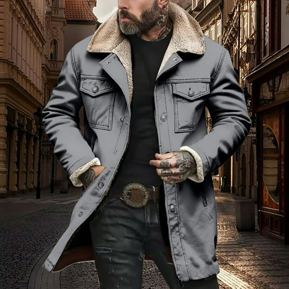 Aueoeo Men's Fleece Lined Jacket Long Sleeve Snap Button Casual Fall ...