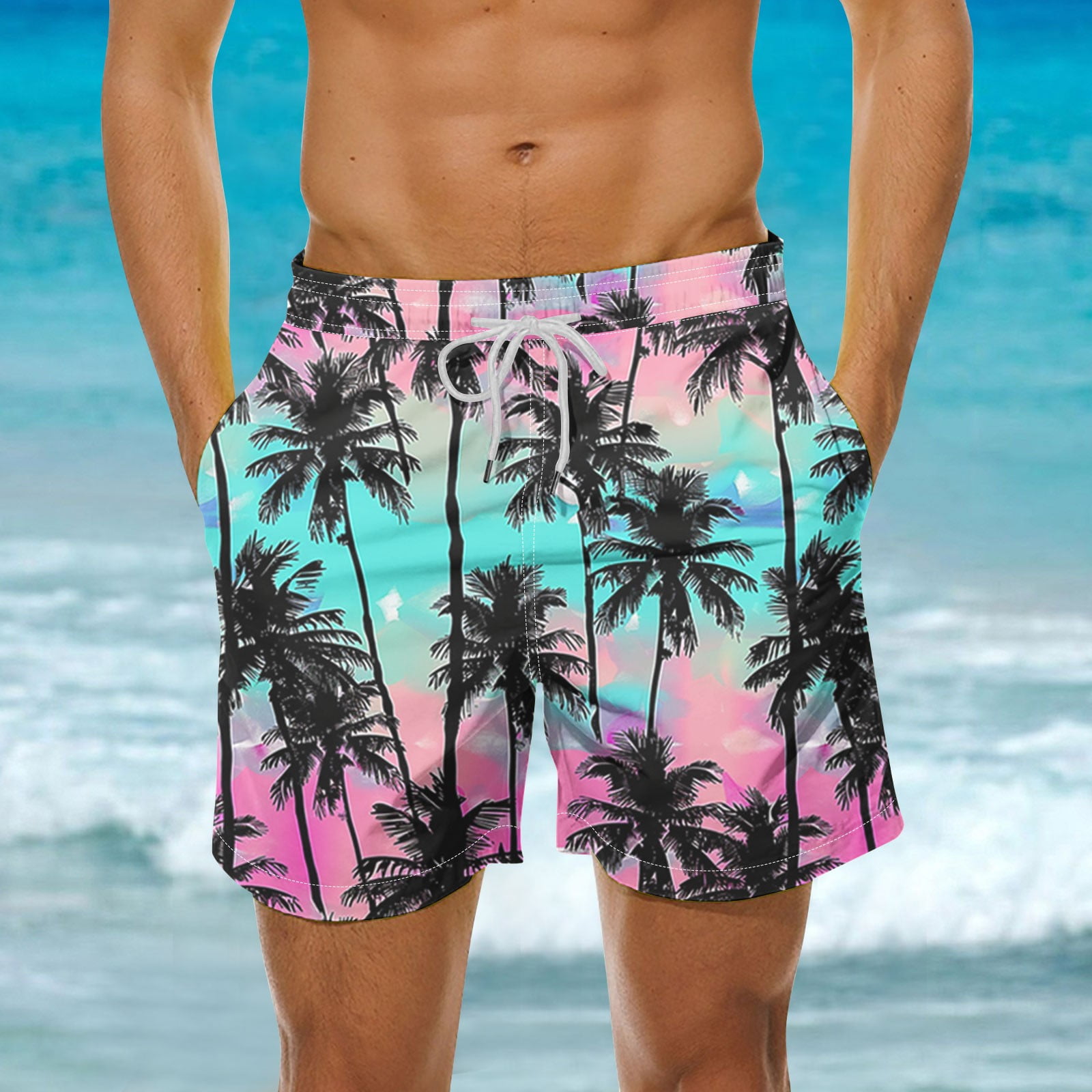 Aueoeo Men's Hawaiian Shorts Lightweight Drawstring Elastic Waist Short ...