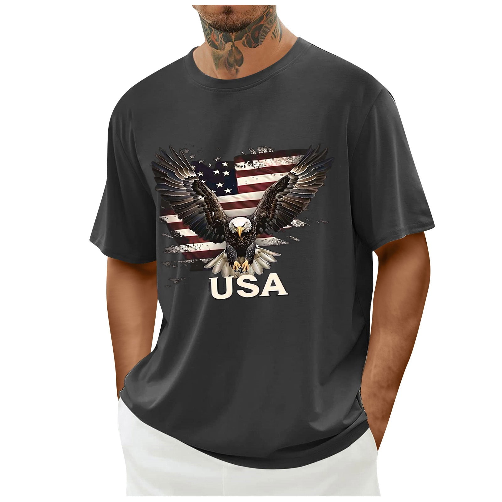 Aueoeo Men's Independence Day Printed Short Sleeved Round Neck Top ...