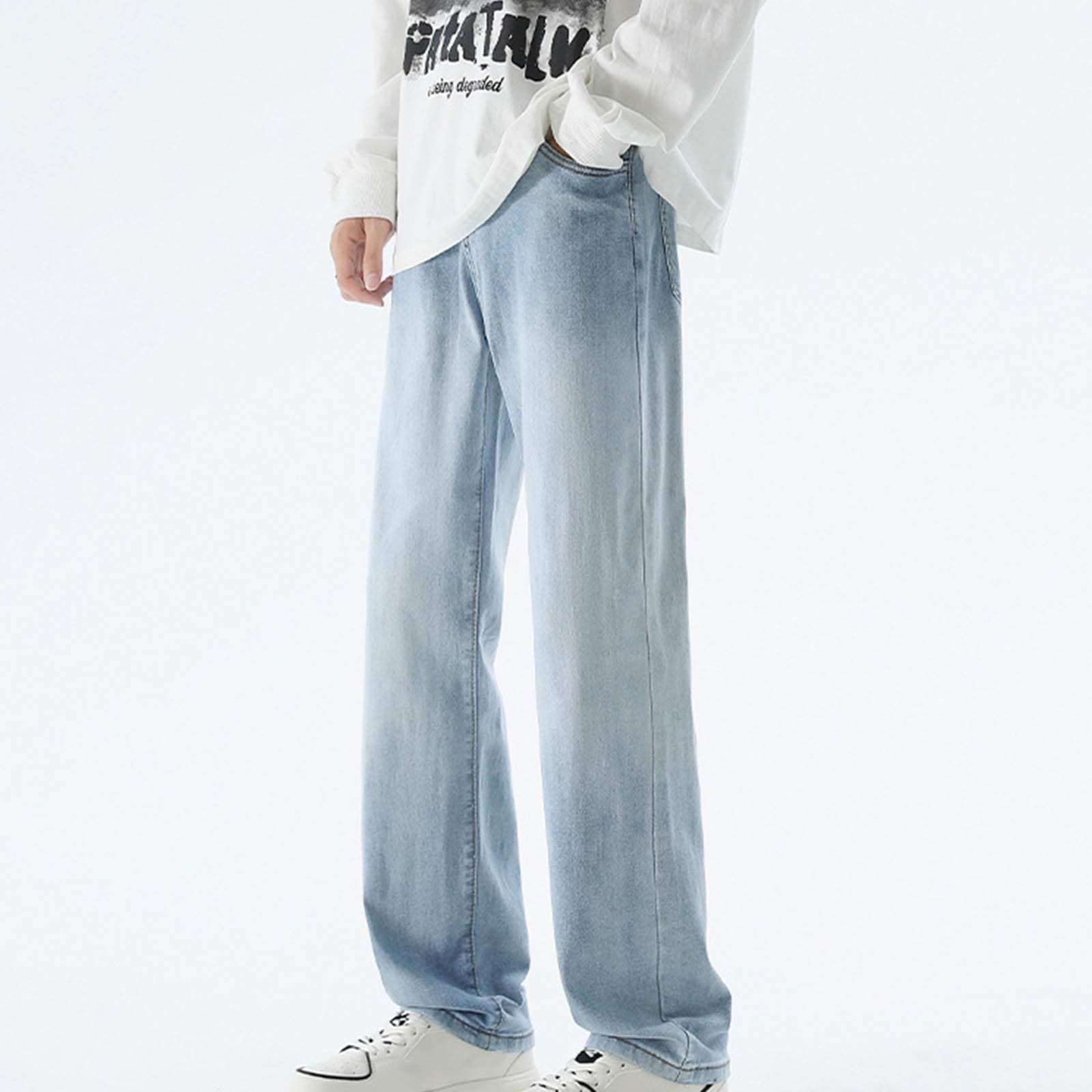 Aueoeo Men's Jean Straight Legs Trendy Pants Button Up Casual Loose ...