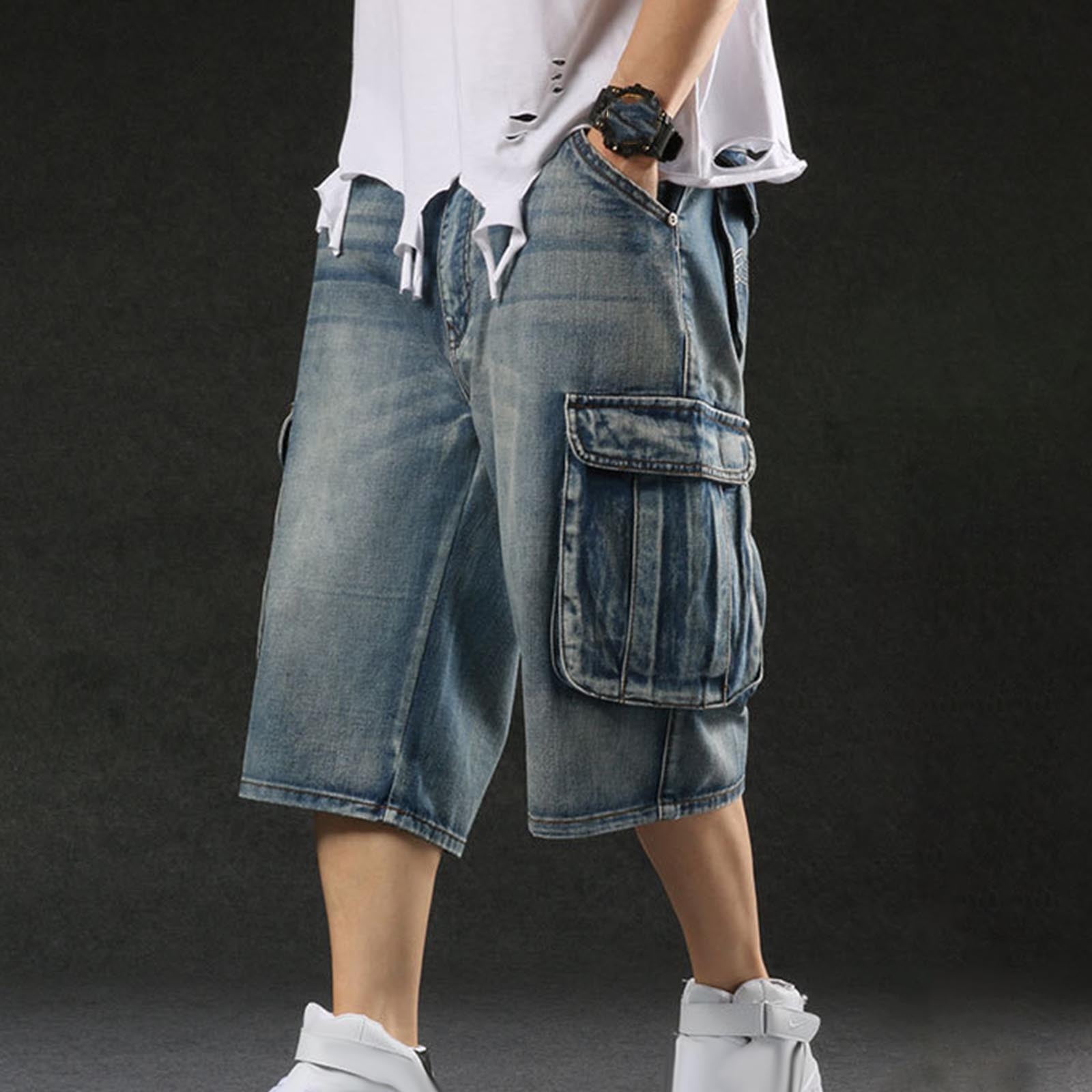 Aueoeo Men's Long Cargo Shorts Casual Below Knee Shorts Loose Denim ...