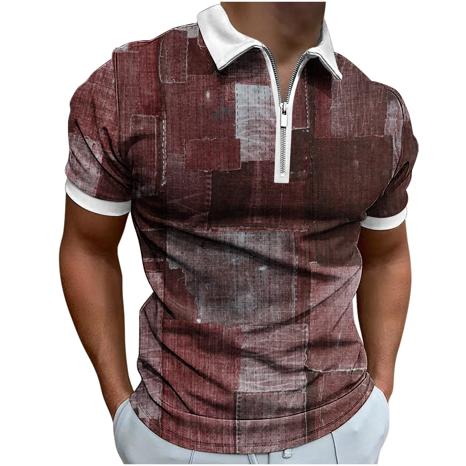 Aueoeo Men's Muscle Fit Dress Shirts Zip Up Lapel Short Sleeve T-shirt ...