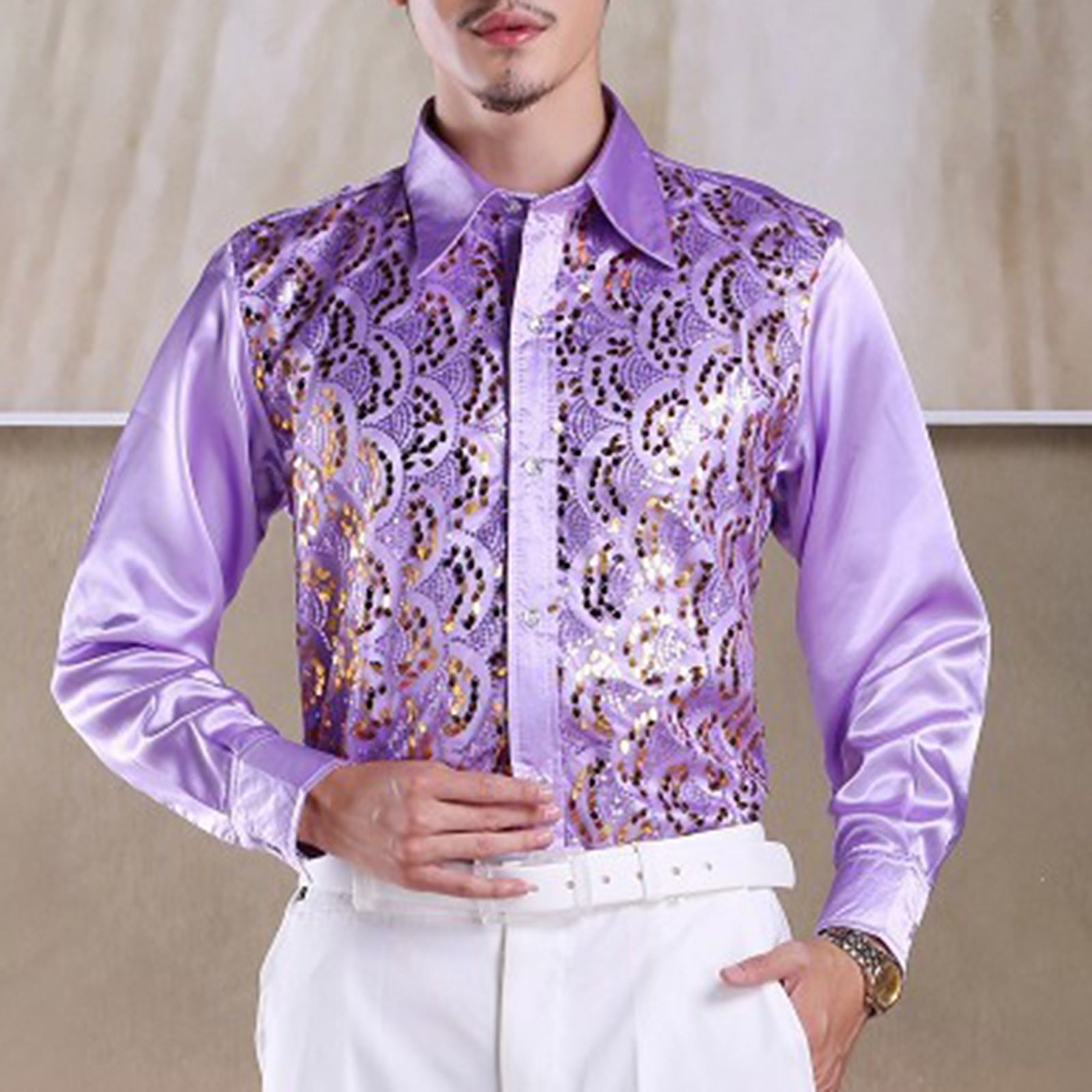 Aueoeo Men's Shiny Sequins Dress Shirt Long Sleeve Button Up Shirt PerForm Costume For Party ...