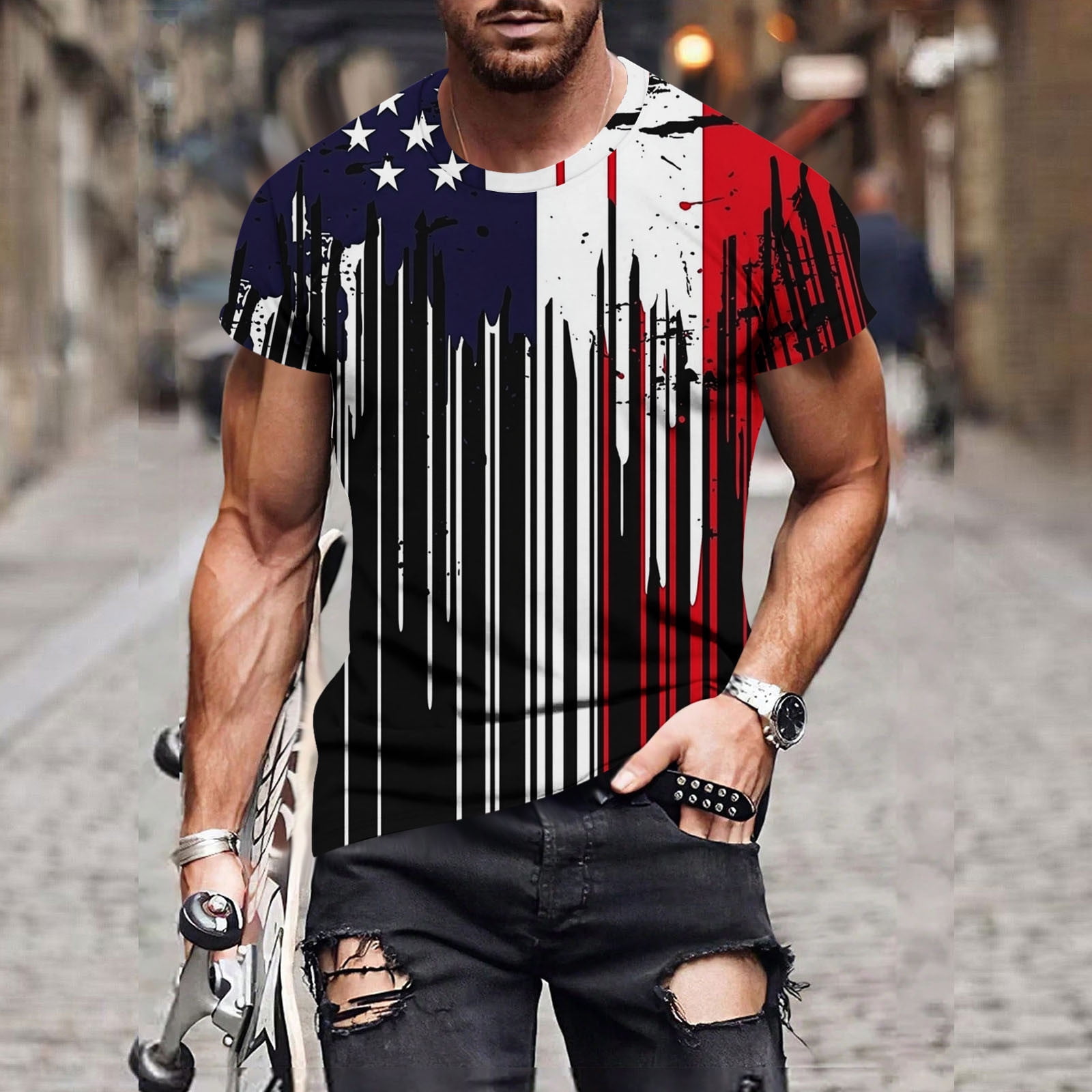 Aueoeo Men's Short Sleeved T-Shirt Round Neck Funny Independence Day ...