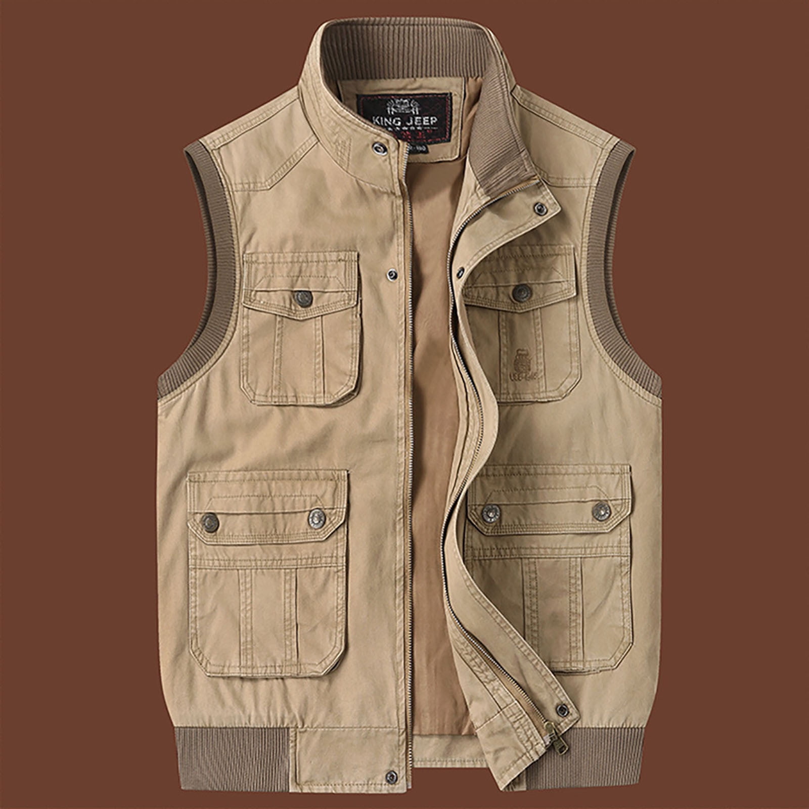 Aueoeo Men's Vintage Work Vests Laple Collar Zipper Snap Button Outdoor ...