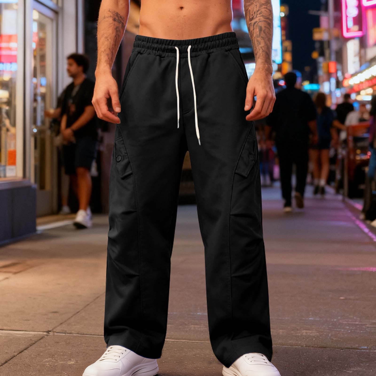 Aueoeo Men's Wide Leg Pants Solid Color Workwear Sweatpants Drawstring ...