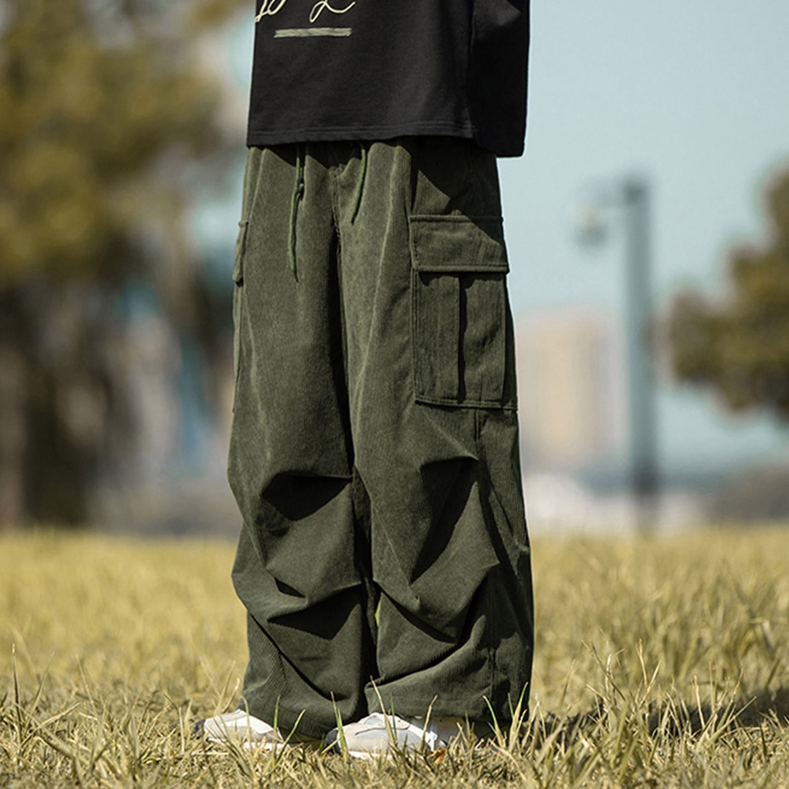 Aueoeo Mens Corduroy Cargo Pants Elastic Waist Sweatpants Loose Wide