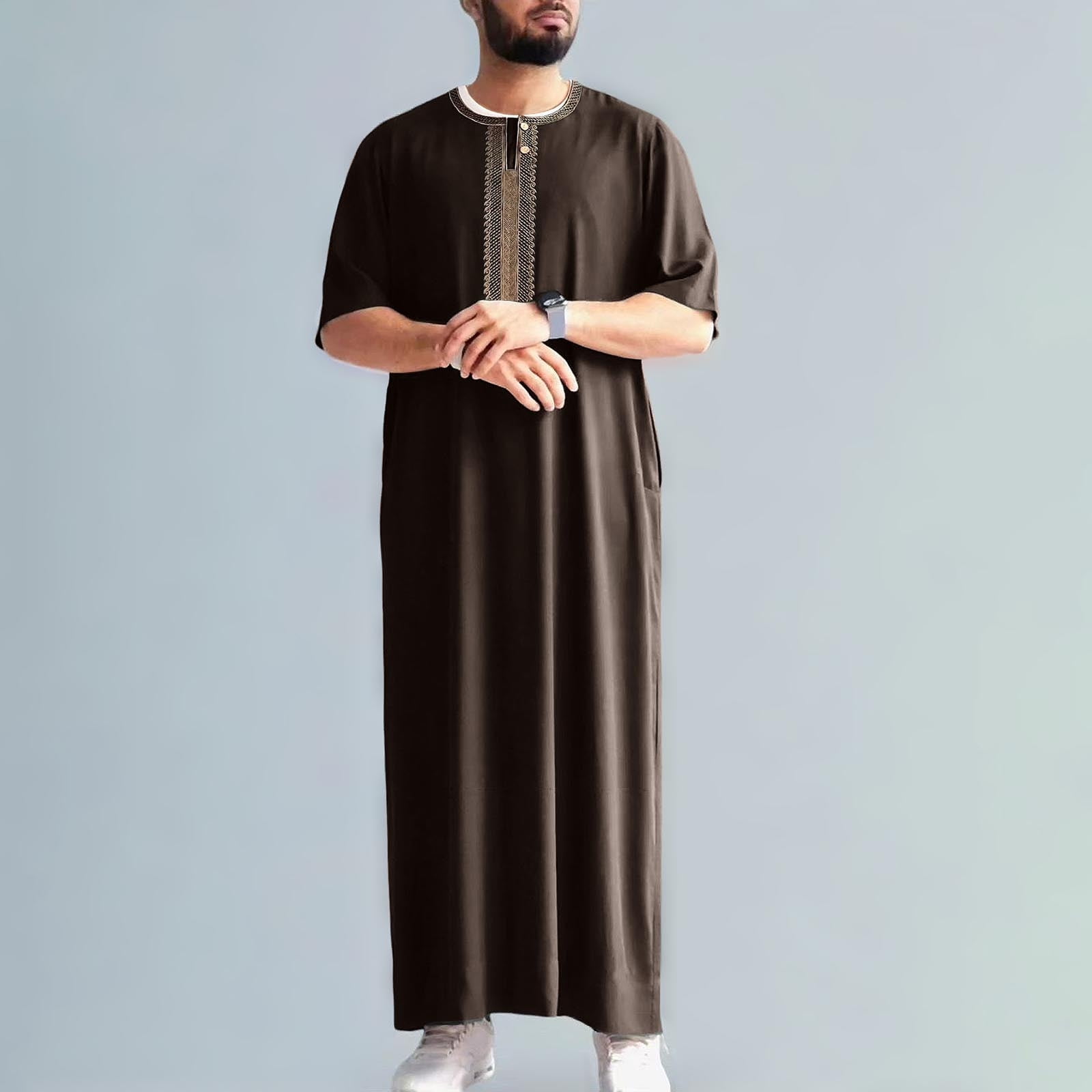 Aueoeo Mens Embroidered Muslim Dress Robe Round Neck Fashion Formal ...