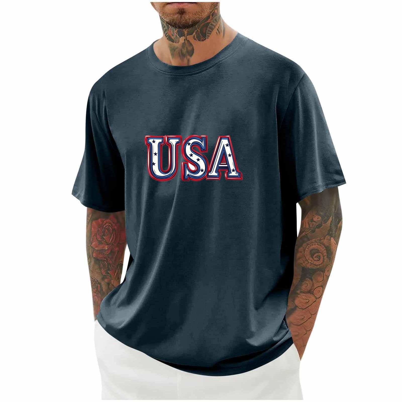 Aueoeo Mens Letter Printed T-Shirts Independence Day Tees Crew Neck ...