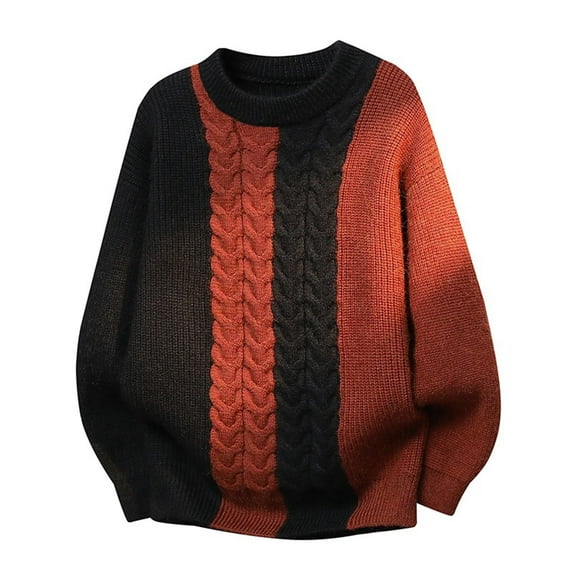 Aueoeo Mens Patchwork Sweater Colorblock Knit Vintage Cable Knitted ...