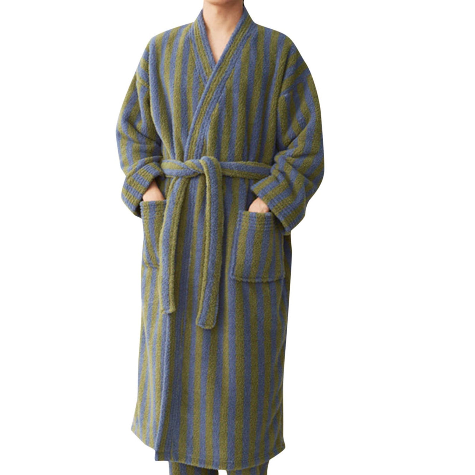 Aueoeo Mens Robe ,Flannel Winter Robe Long Striped Bath Robes Cozy Warm ...