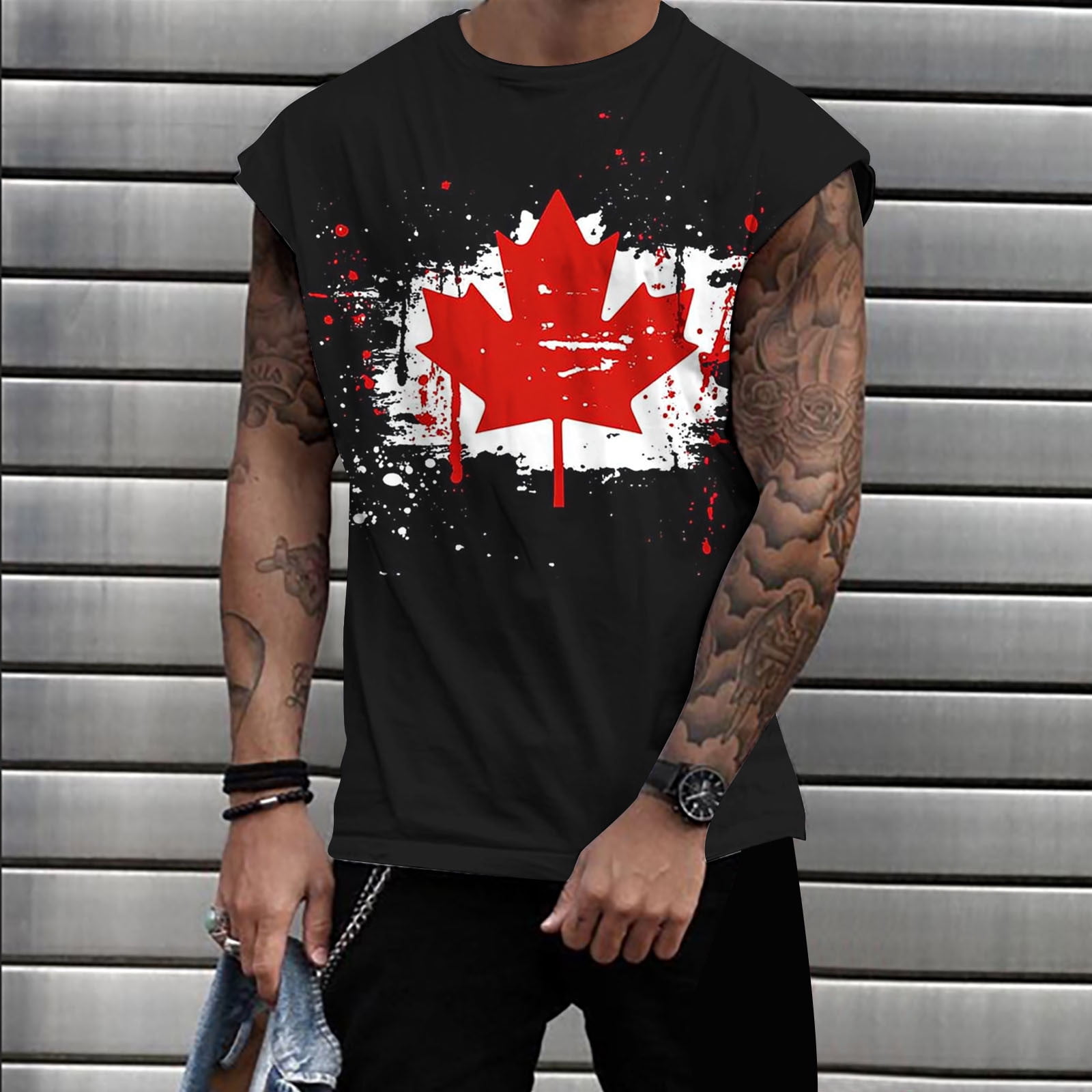 Aueoeo Mens Sleeveless Tank Tops Maple Leaf Printed Workout Gym Muscle ...