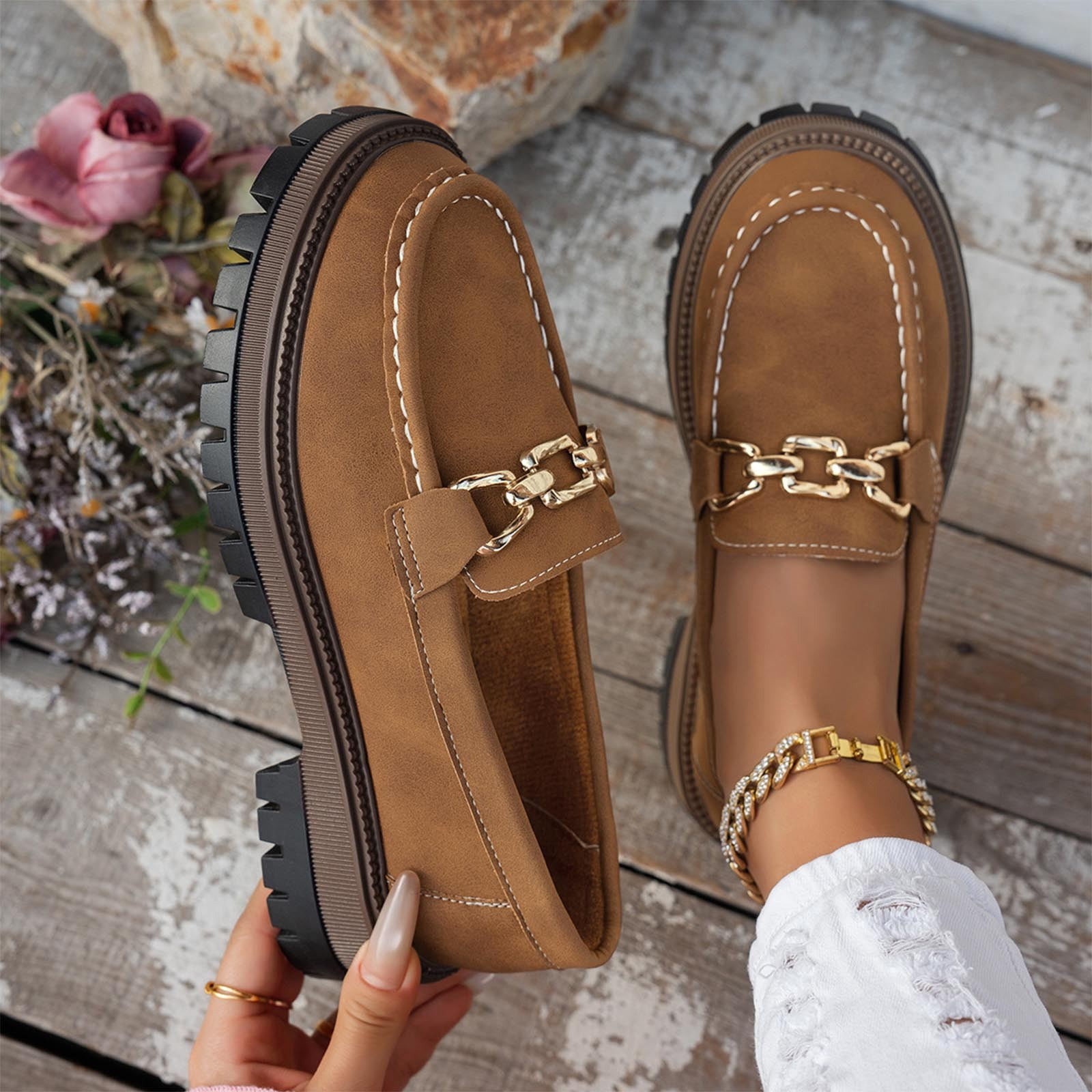 Aueoeo Metal Chain Loafers for Women Comfortable Loafers Cute Business ...