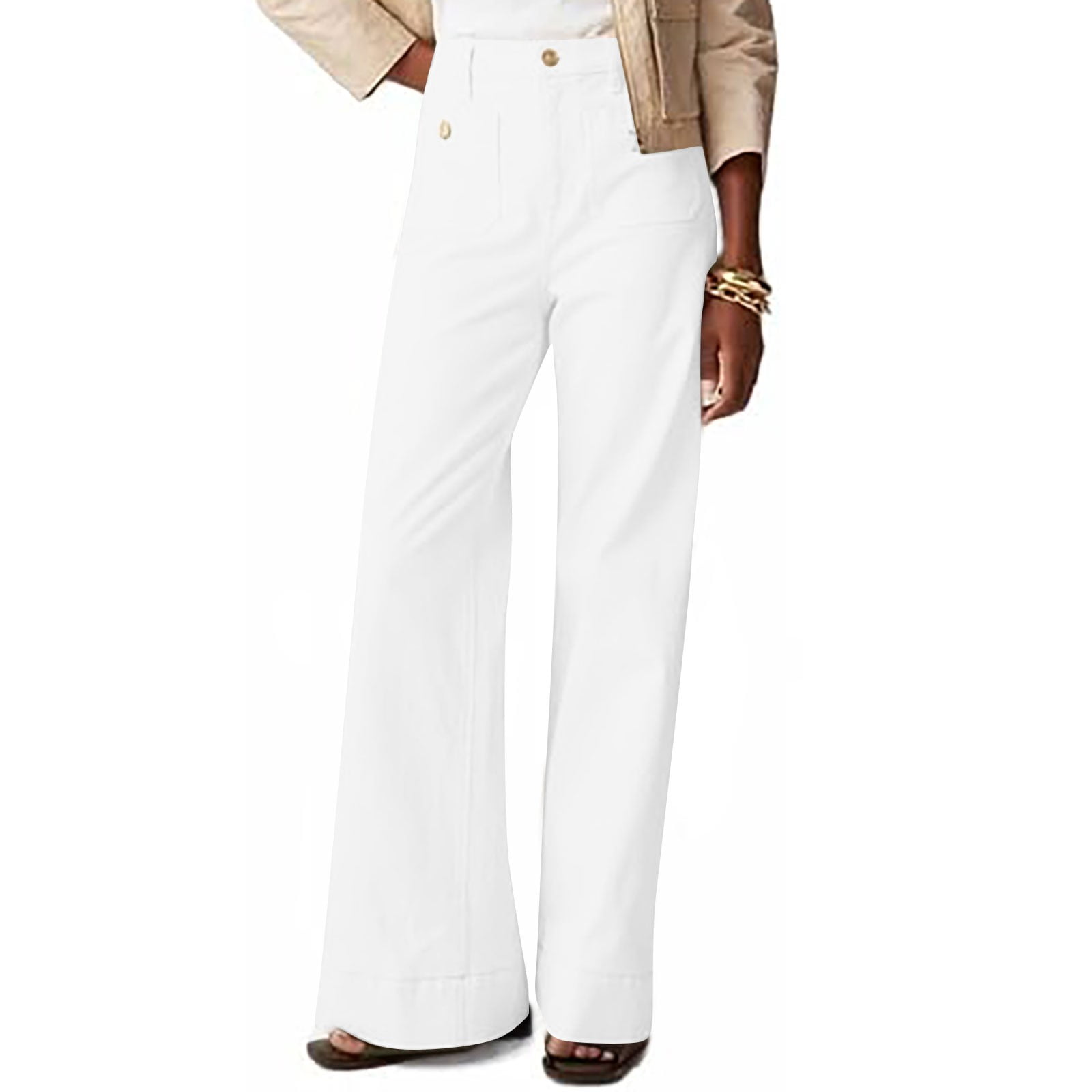 Aueoeo Pants For Women Womens Dress Pants Women'S Solid Color Casual Pocket Button Denim Pants ...