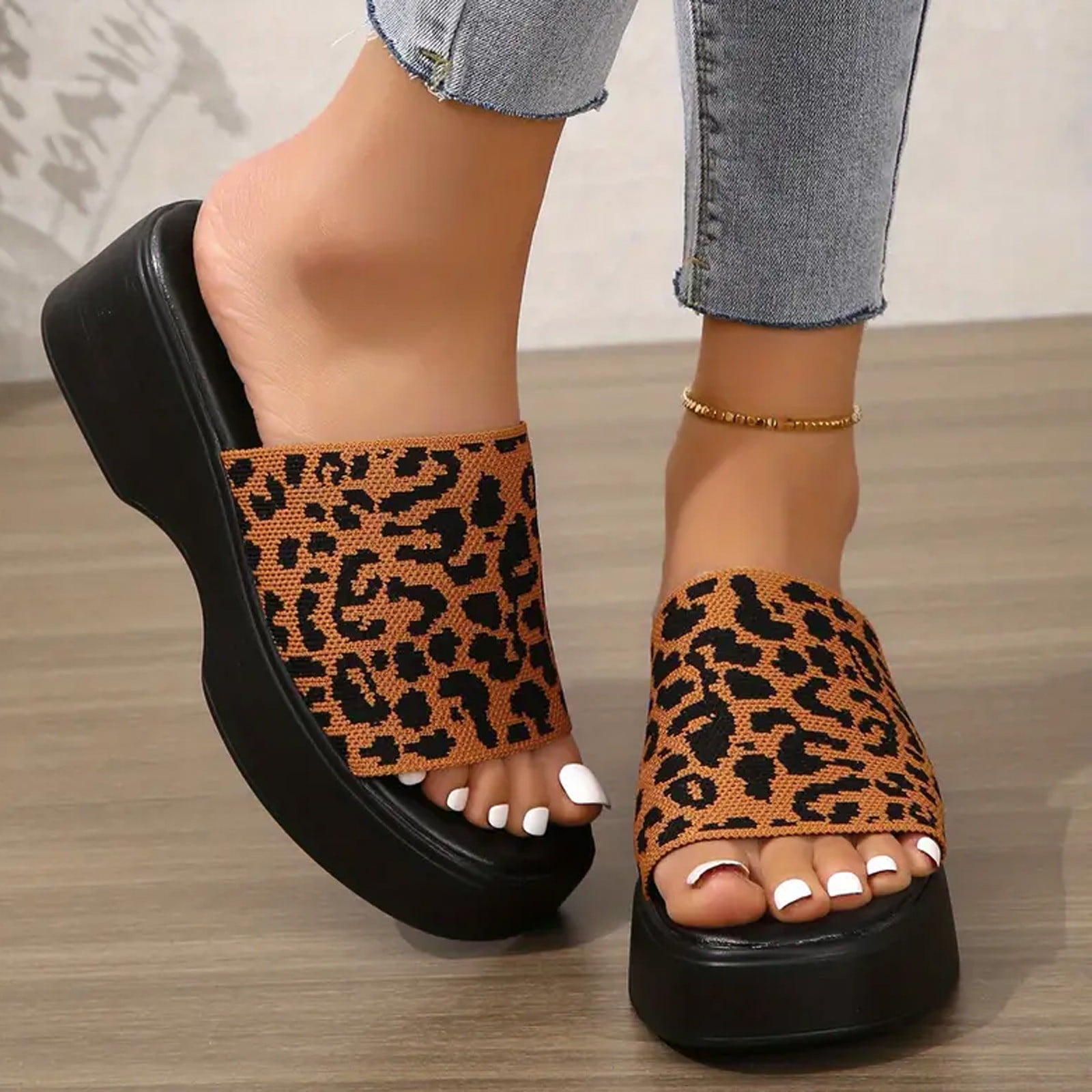 Aueoeo Platforms Slippers For Women Open Toe Knitted Leopard Print ...