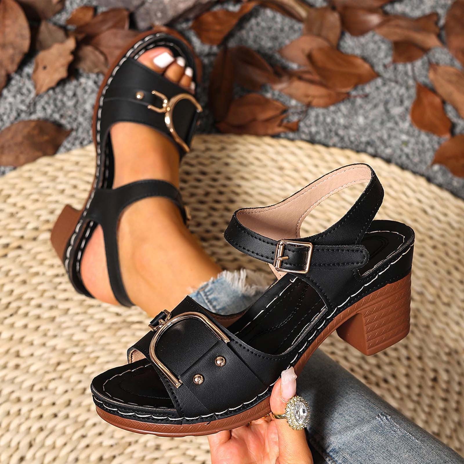 Aueoeo Platforms Strappy Sandals Open Toe One Strap Chunky Chunky ...