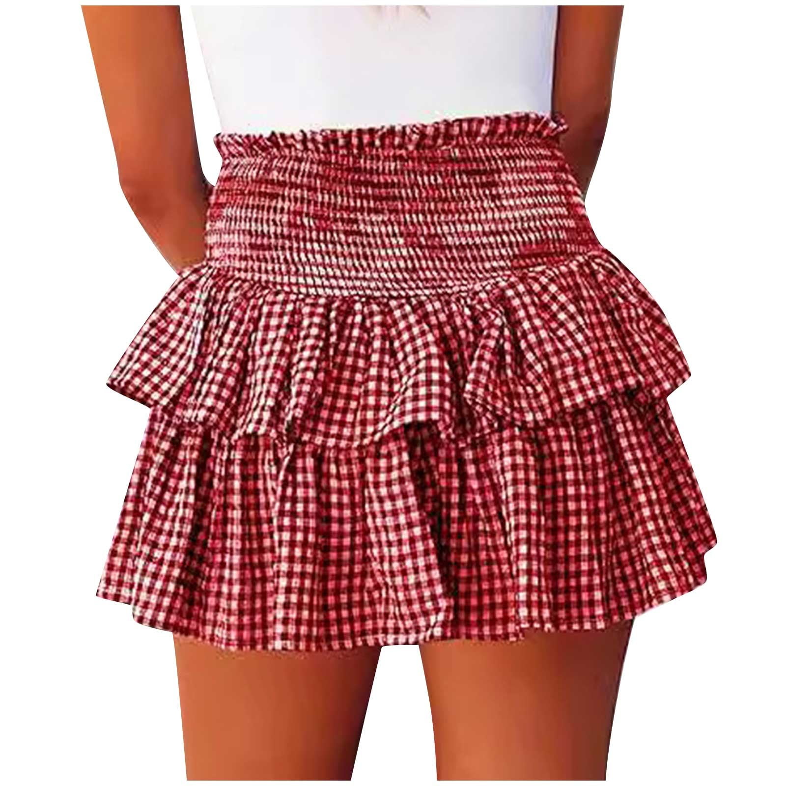 Aueoeo Pleated Mini Skirt for Women Fashion Plaid Layer Skirts High Rise Abdominal Control Short ...