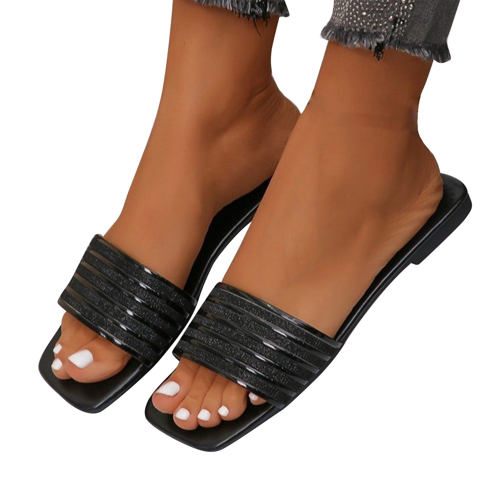 Aueoeo Sandals for Women, Women's Flat Sandals Square Toe Sandals Slip ...