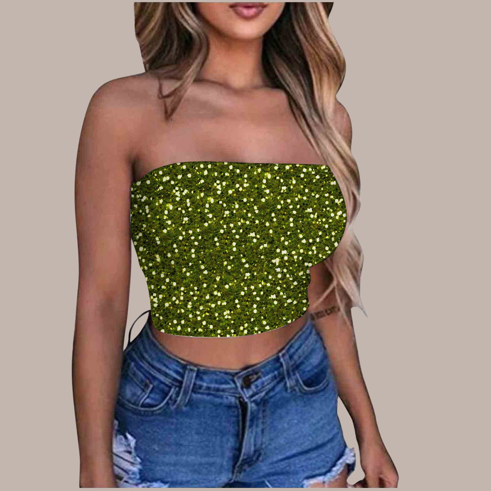 Aueoeo Sequined Printed Tube Top for Women Going Out Sleeveless Yoga ...
