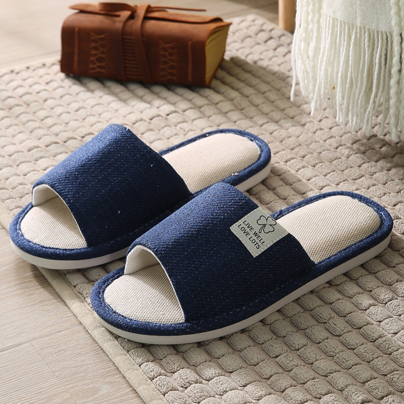 Aueoeo Slippers for Women, Open Toe House Shoes, Cotton Indoor Slip-On ...