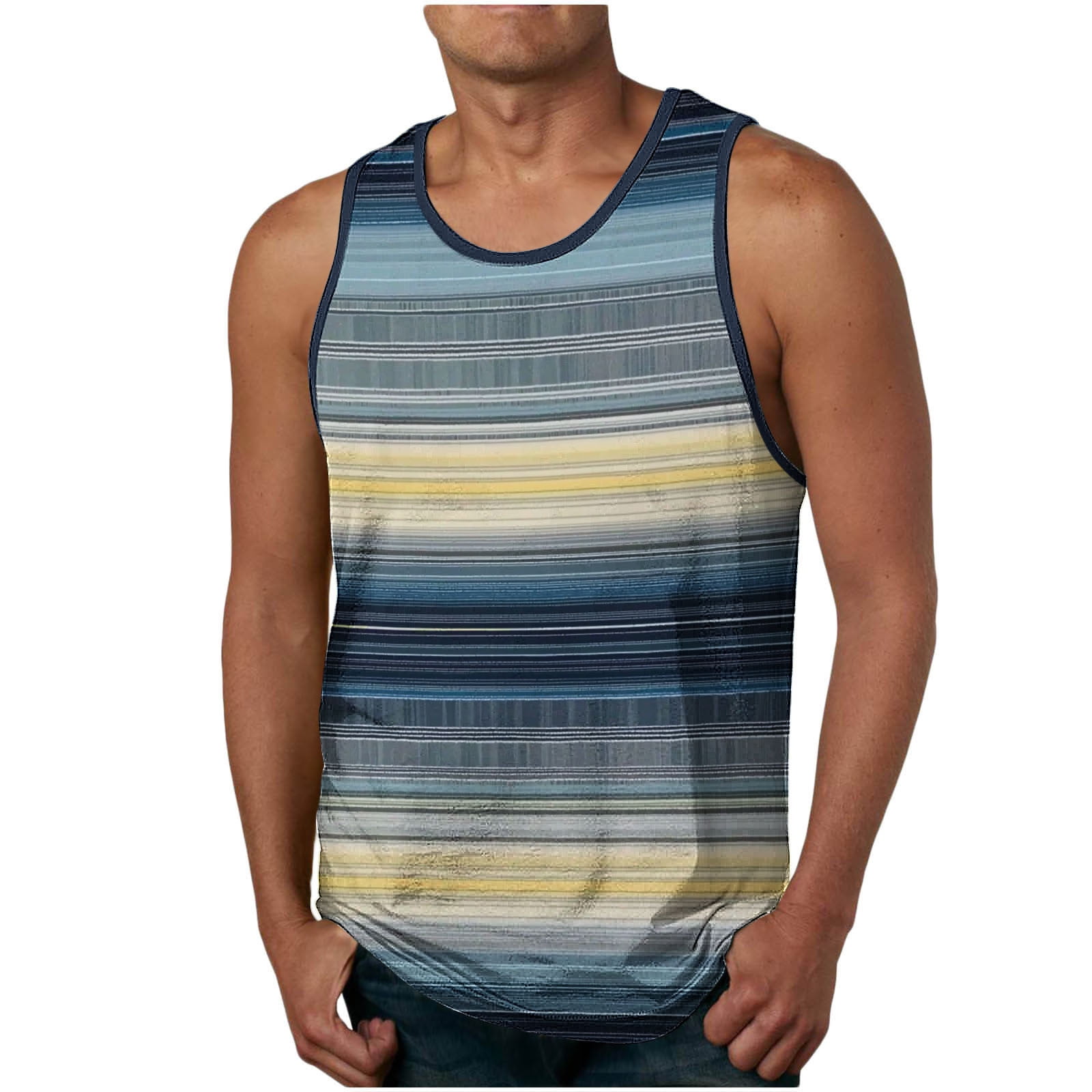 Aueoeo Stripe Tank Top for Men Casual Sleeveless T-Shirt Crew Neck ...