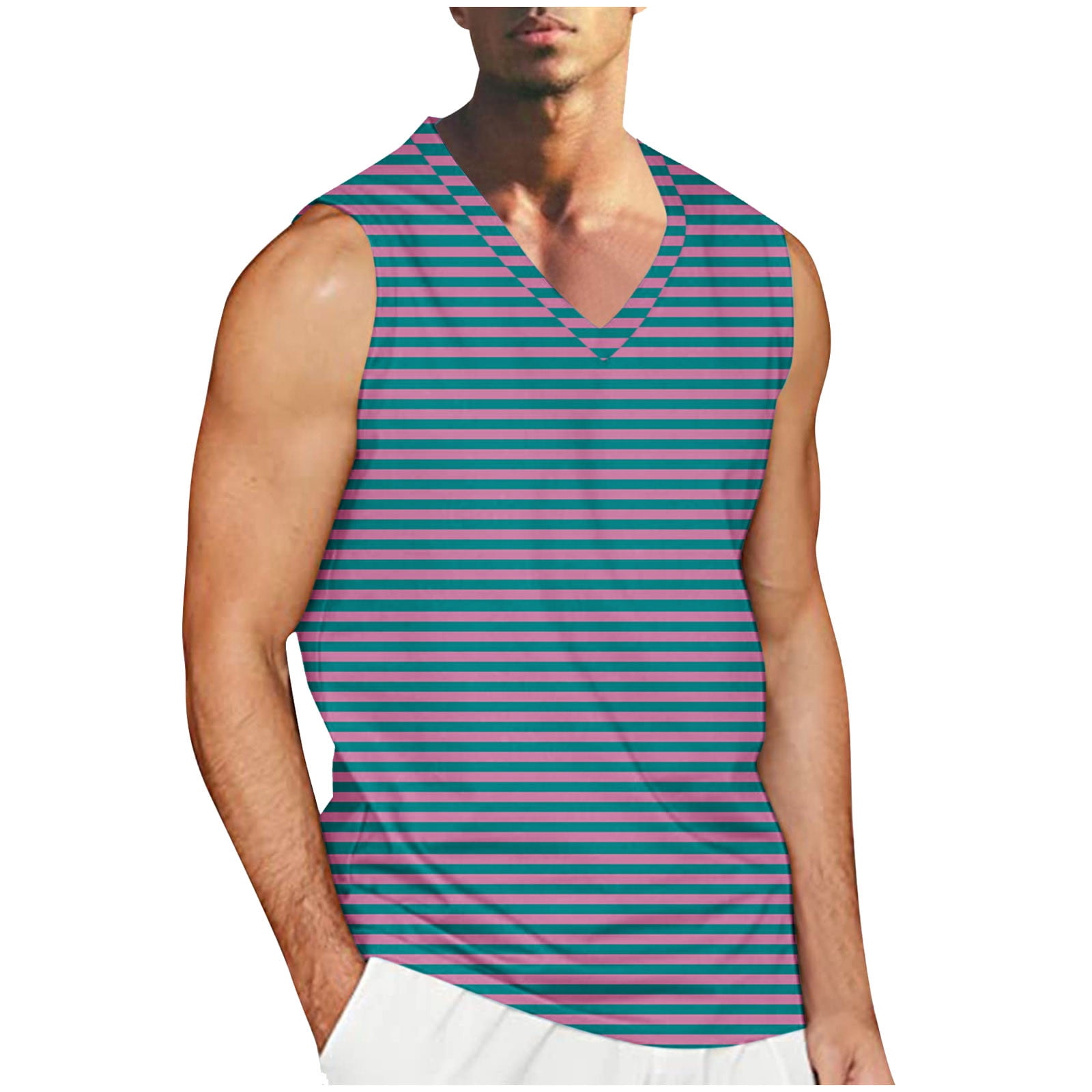 Aueoeo Tank Top Mens Stripe Printed Workout V-Neck Sleeveless Shirt ...
