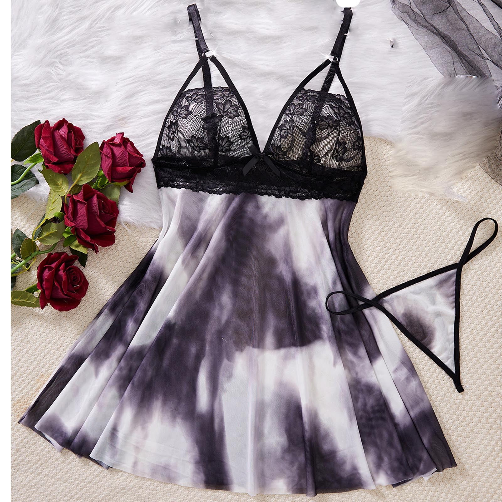 Aueoeo Two Piece Pajamas Set For Women Suspender Mesh Yarn Lace Skirt ...