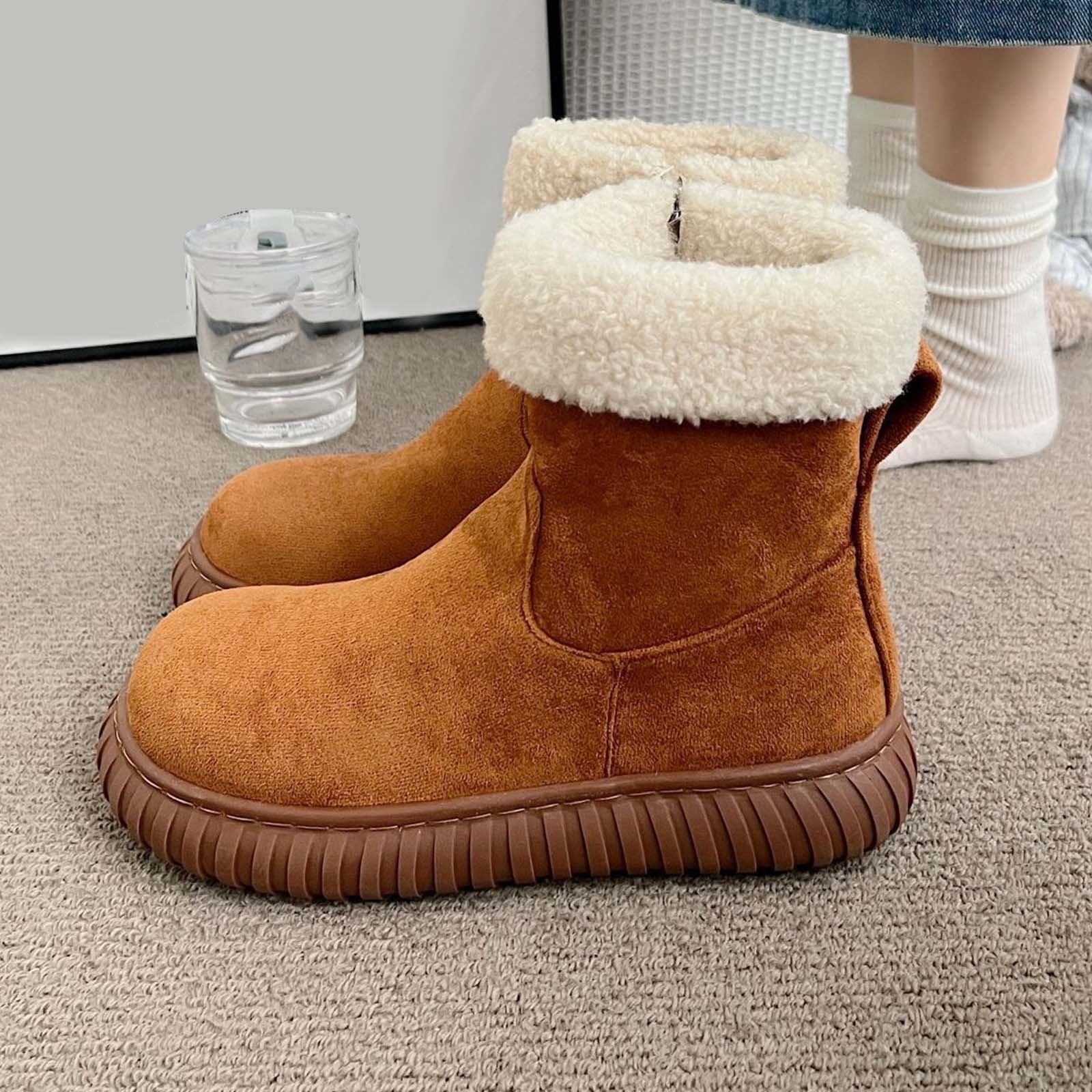 Aueoeo Winter Boots for Women Fuzzy Snow Boots Mid Calf Low Heel Warm ...