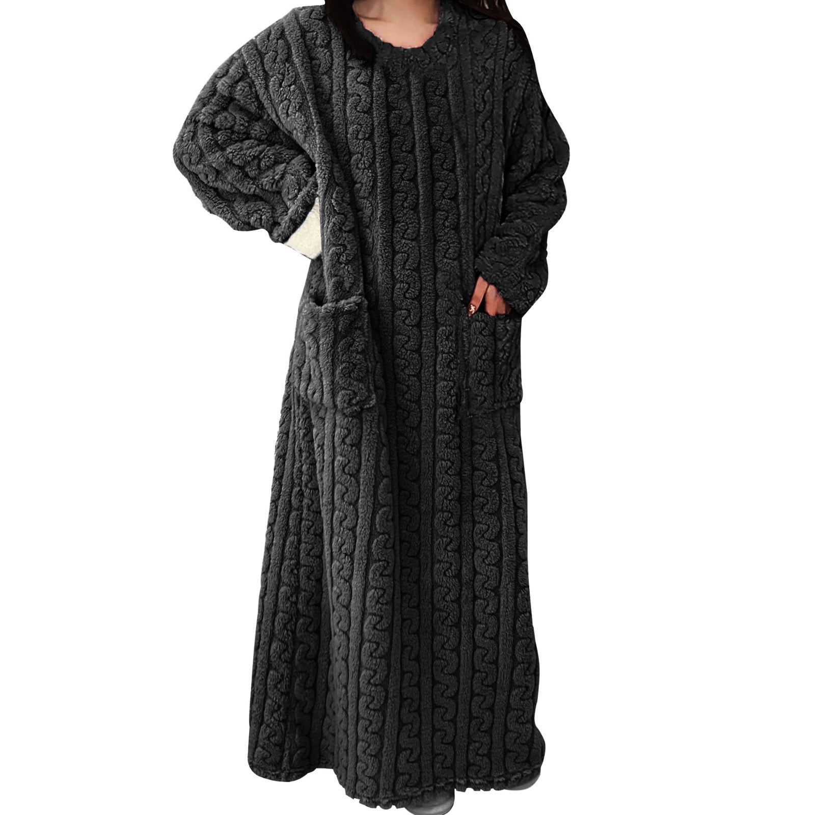 Aueoeo Winter Nightgowns For Women Long Sleeve Flannel Nightgown Solid ...