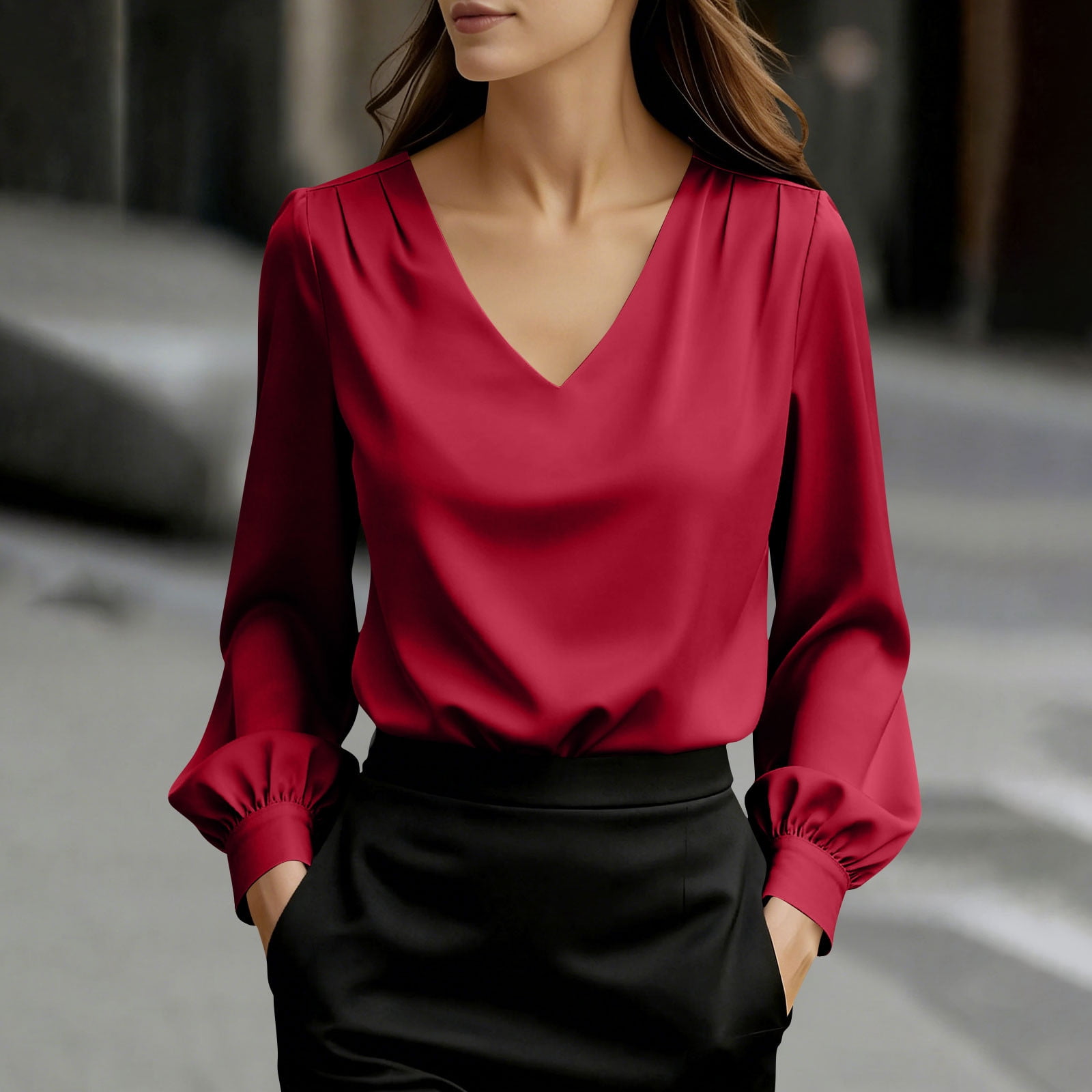 Aueoeo Women Business Casual Tops Satin Silk Blouse V Neck Long Sleeve ...