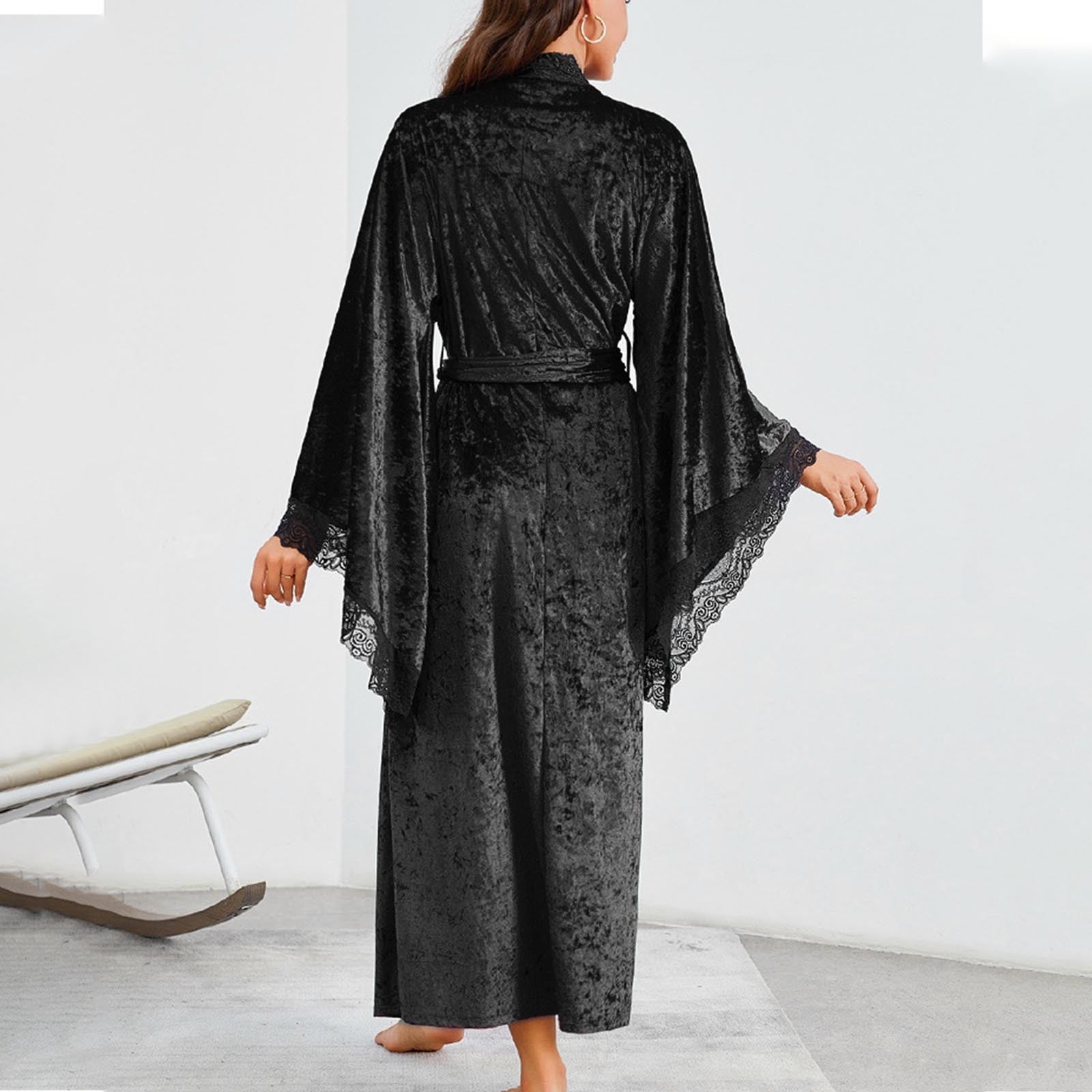 Aueoeo Women Cardigan Robe Long Sleeve Lace Patchwork Casual Nightgown ...
