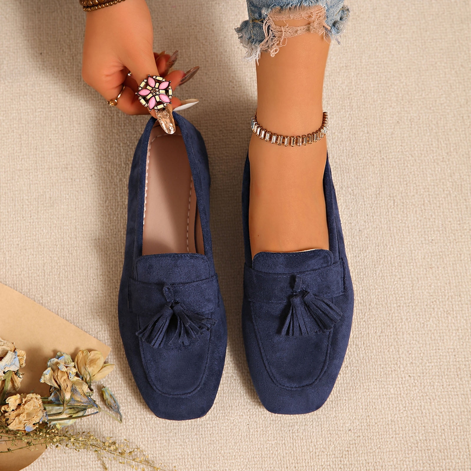 Aueoeo Women Casual Shoes Fashion Round Toe Tassel Soft Low Heel ...