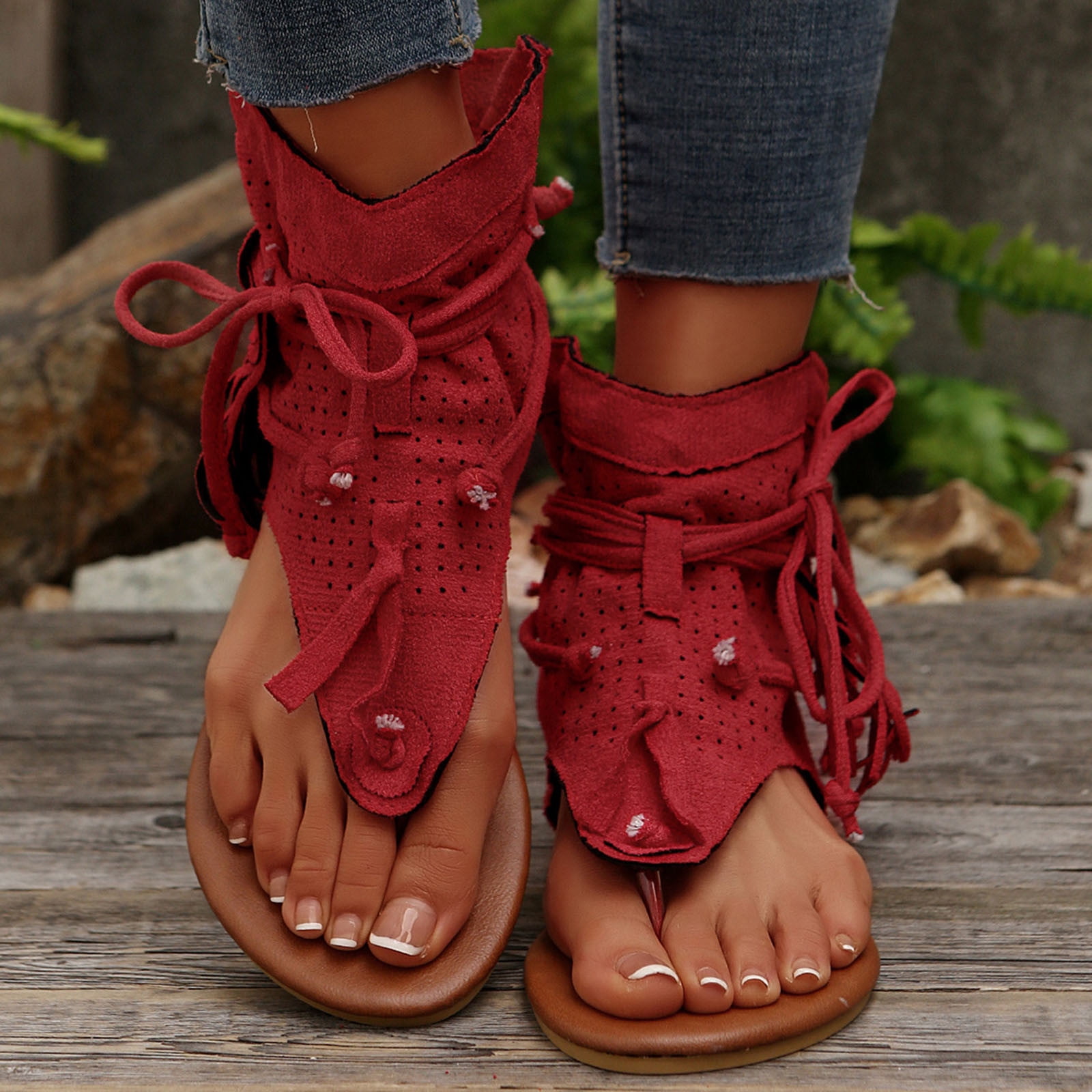 Aueoeo Women Casual Tassel Sandals Flat Clip-Toe Flip-Flops Beach ...