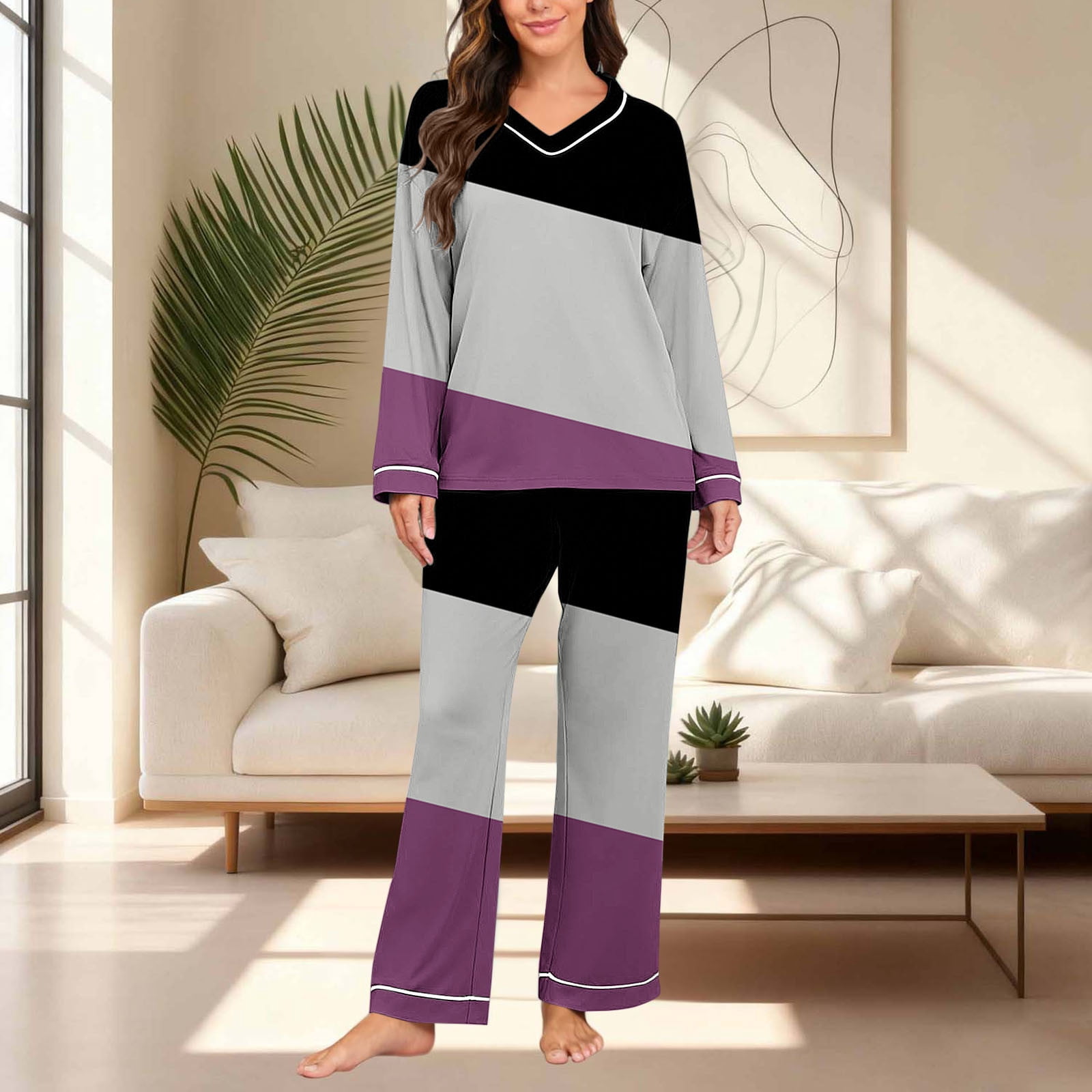 Aueoeo Women Colorful Pajamas Set Fashion Casual Loose Fitted Solid ...