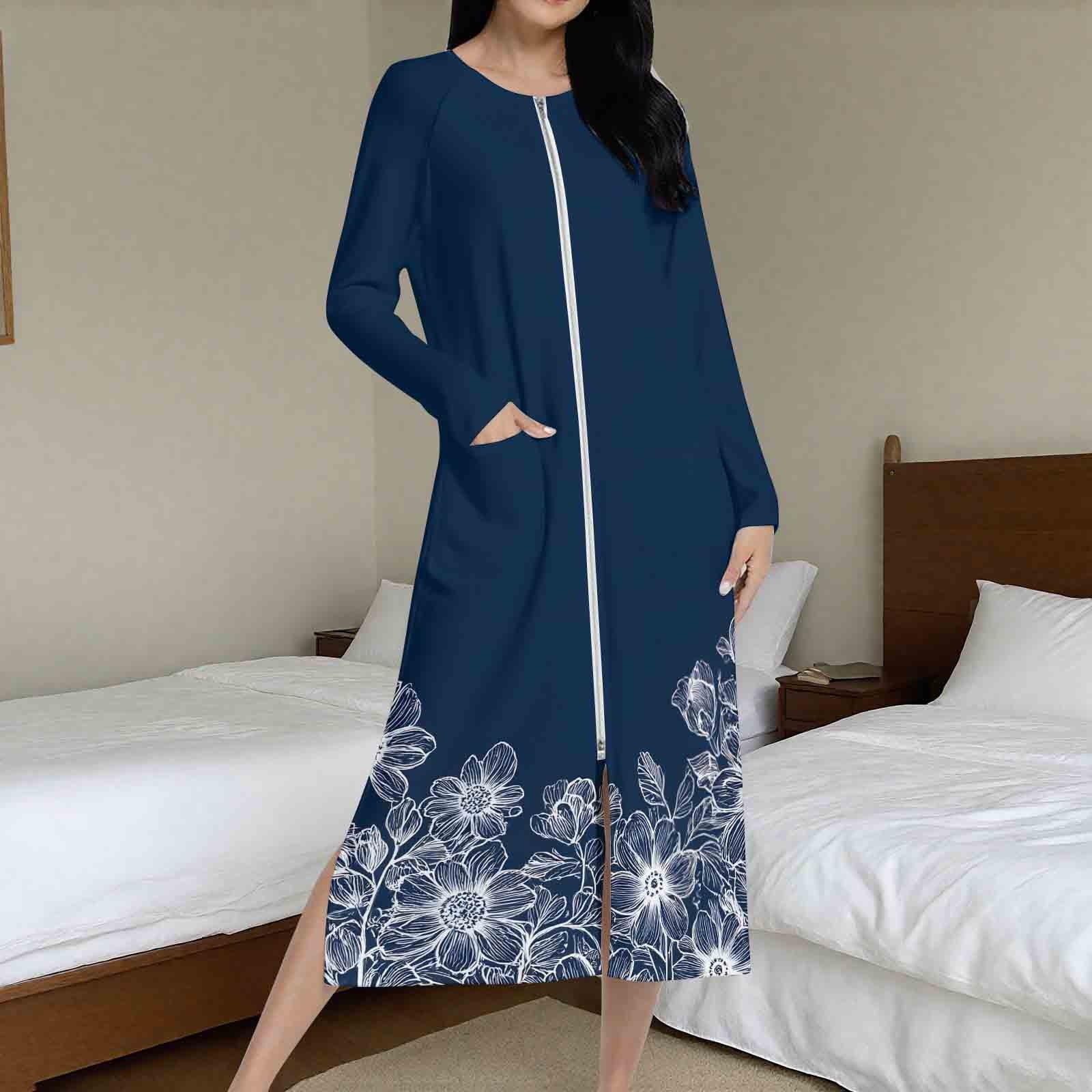 Aueoeo Women Floral Printed Robes House Coat Zipper Front Robes Full ...