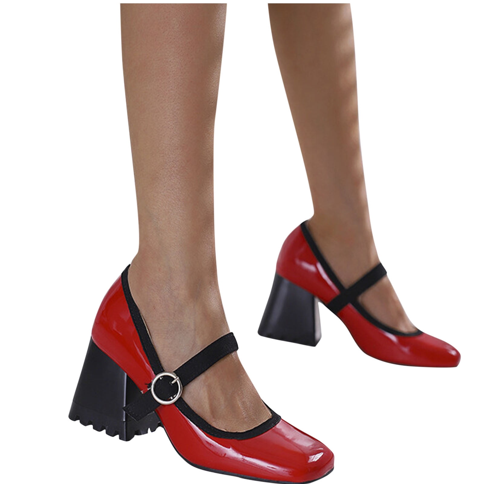Aueoeo Women High Heel Block Shoes Squared Open Toe Chunky Heels Faux ...