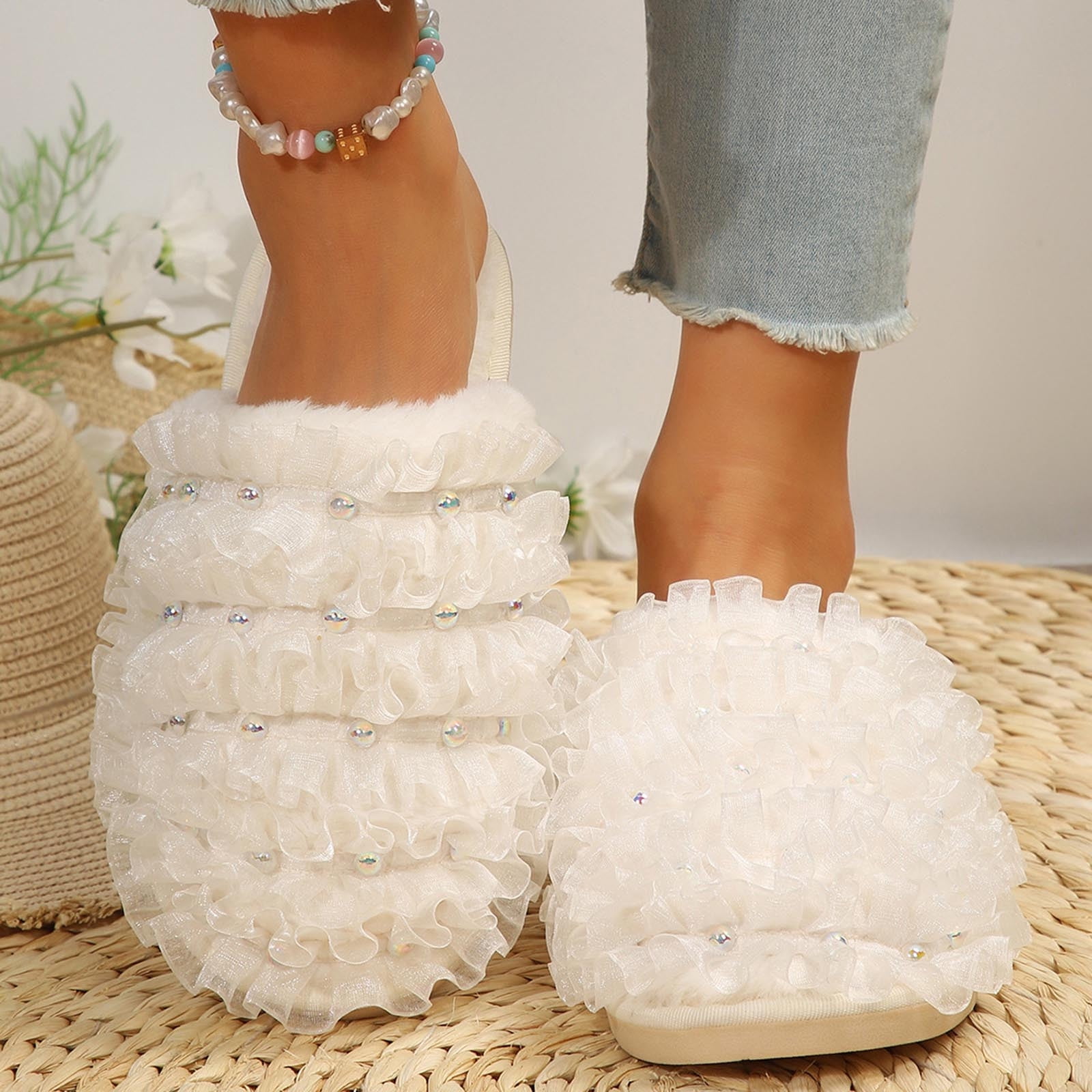 Aueoeo Women Home Slippers Mesh Woven Ribbon Nail Beads Covered Hair ...