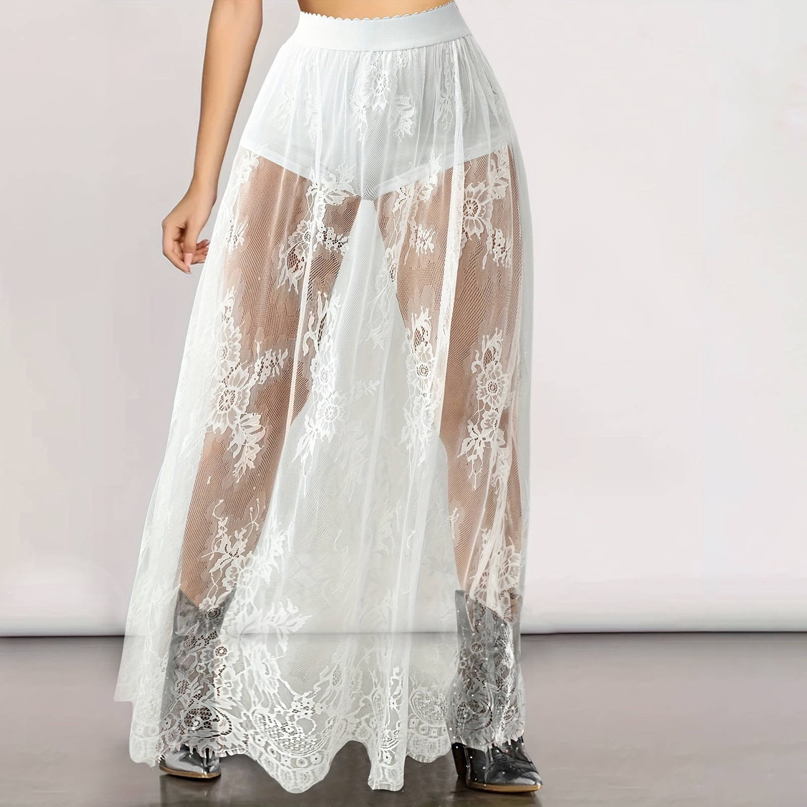 Aueoeo Women Lace Maxi Skirts Summer Elastic High Waisted Mesh Skirts Layered Hem Beach Floral ...