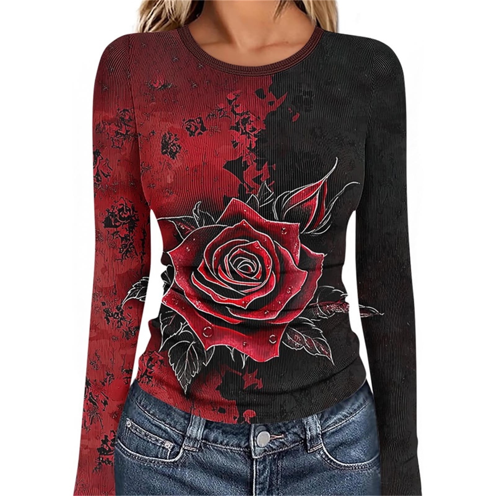 Aueoeo Women Long Sleeve Shirts Crew Neck Rib Knit Slim Fitted Ruched ...