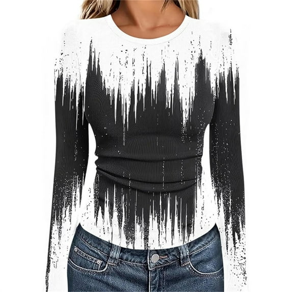 Aueoeo Women Long Sleeve Shirts Crew Neck Rib Knit Slim Fitted Ruched ...