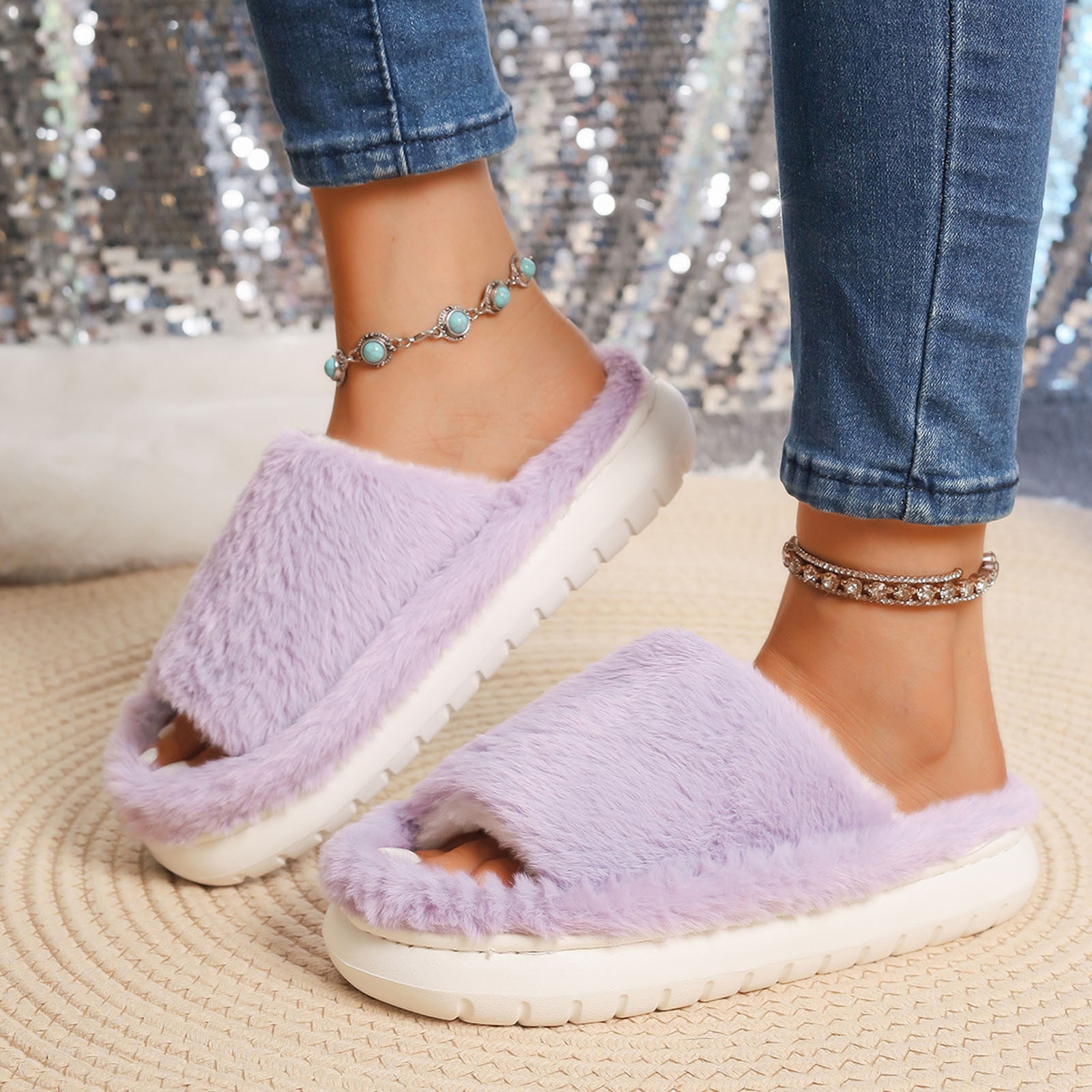 Aueoeo Women Long-haired Slipper Open Toe Comfy Fuzzy Shoes Comfortable ...