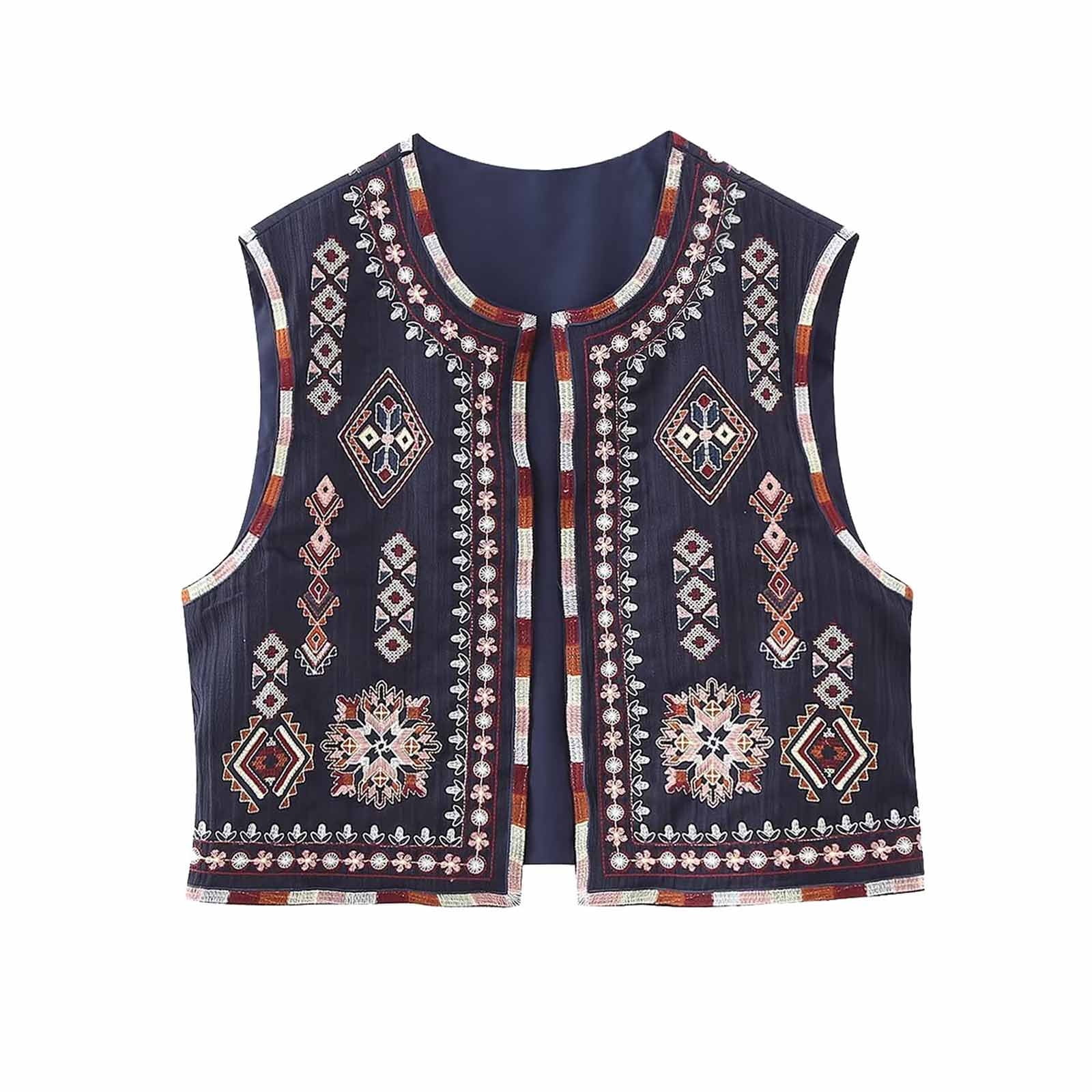 Aueoeo Women Open Front Crop Vests Ethnic Style Vintage Embroidered ...