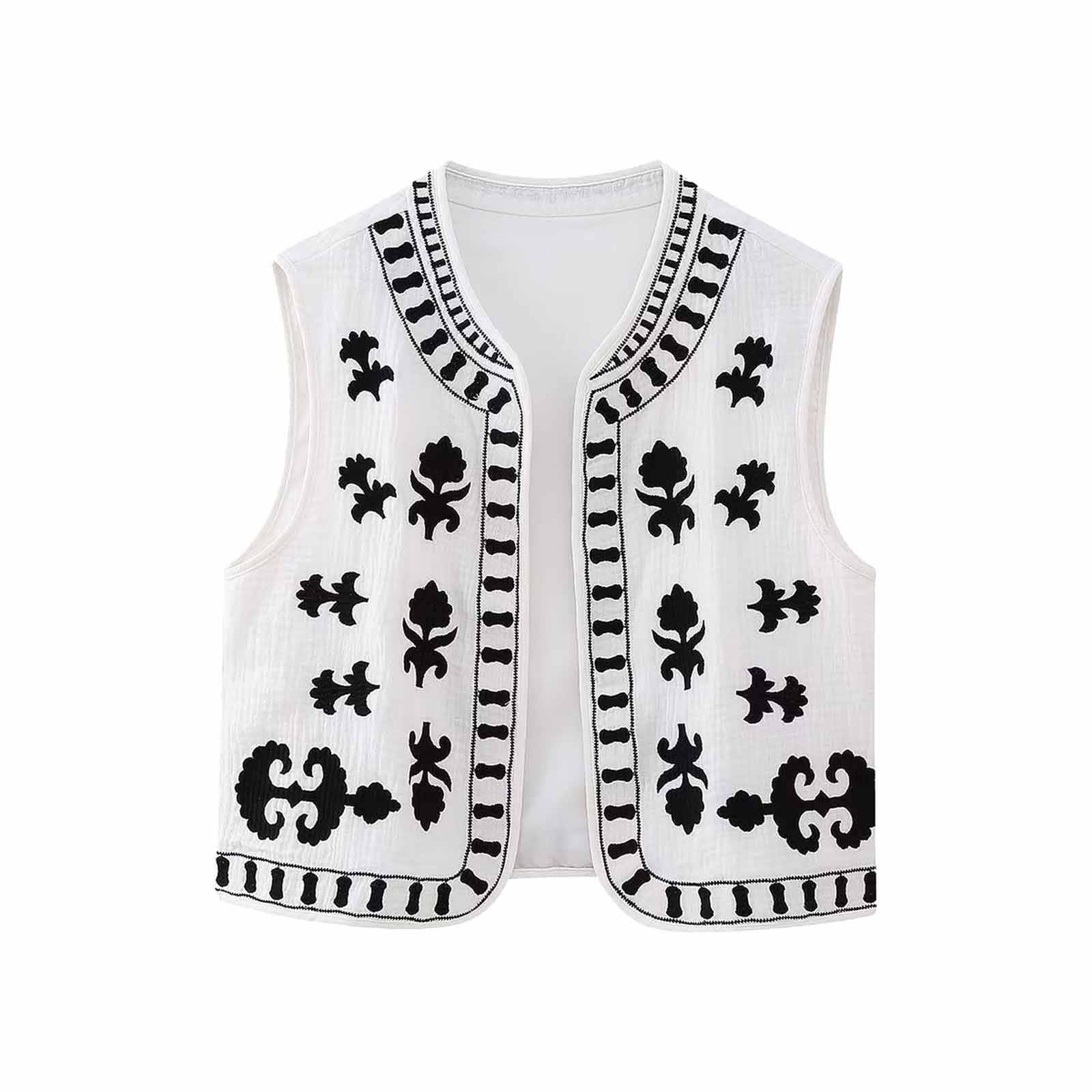 Aueoeo Women Open Front Crop Vests Ethnic Style Vintage Embroidered ...