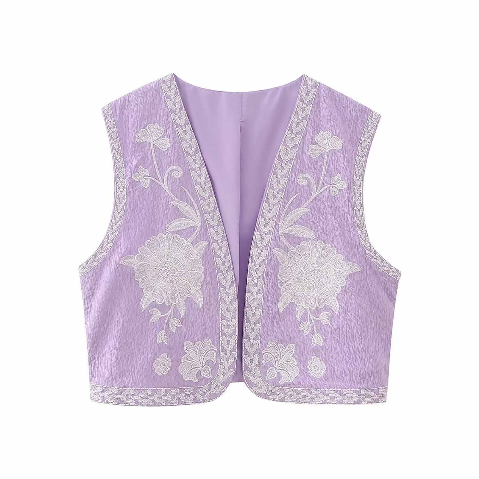 Aueoeo Women Open Front Crop Vests Ethnic Style Vintage Embroidered ...