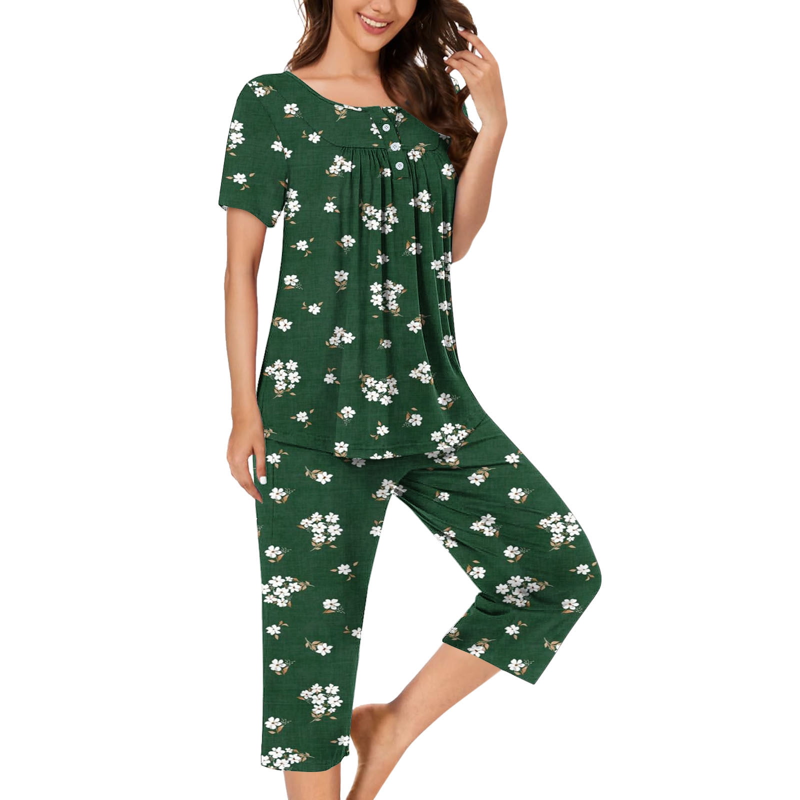 Aueoeo Women Pajama Set Sleepwear Tops with Capri Pants Casual and ...
