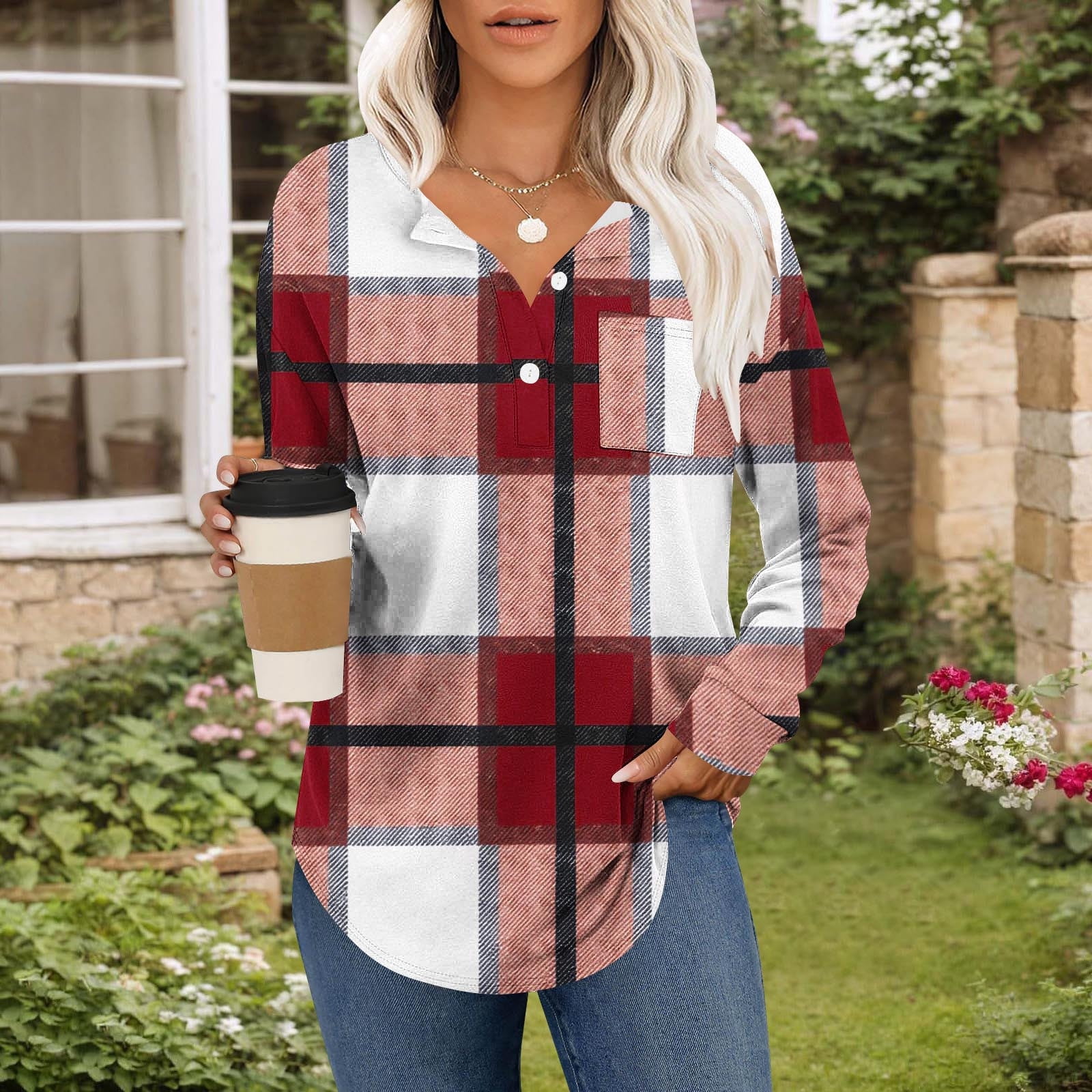 Aueoeo Women Plaid Tops Loose Fits Long Sleeve V Neck Button Up T ...