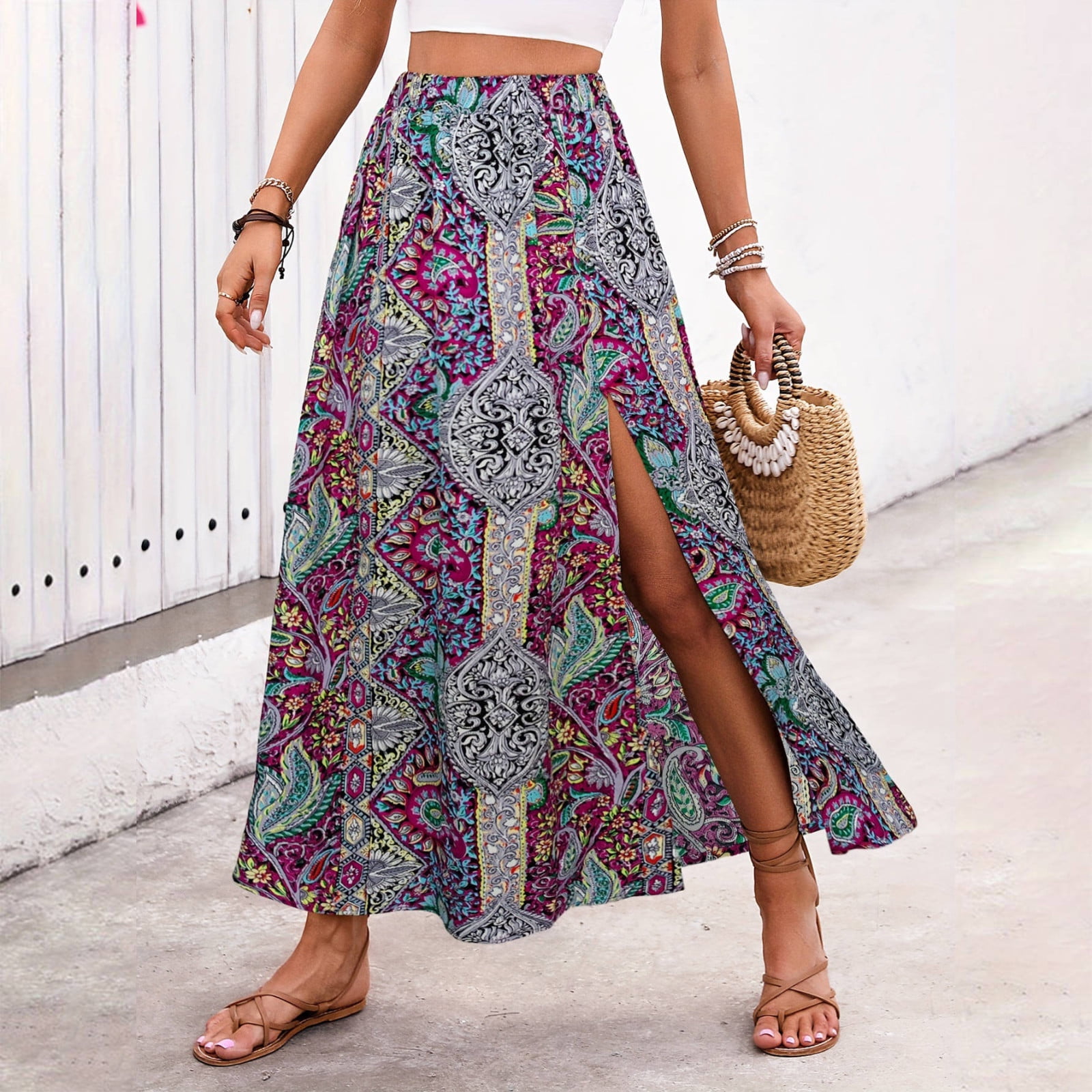 Aueoeo Women'S Bohemian Printed Skirt Elastic High Waist Dress Flowy ...